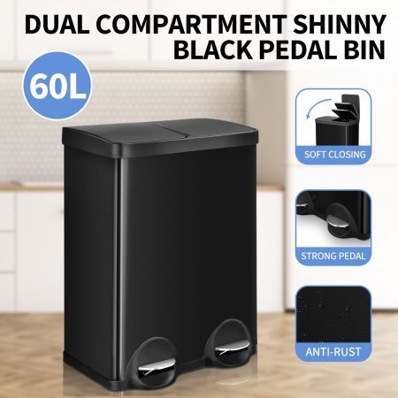 60L Dual Compartment Pedal Garbage Rubbish Bin Steel Shiny Black ...