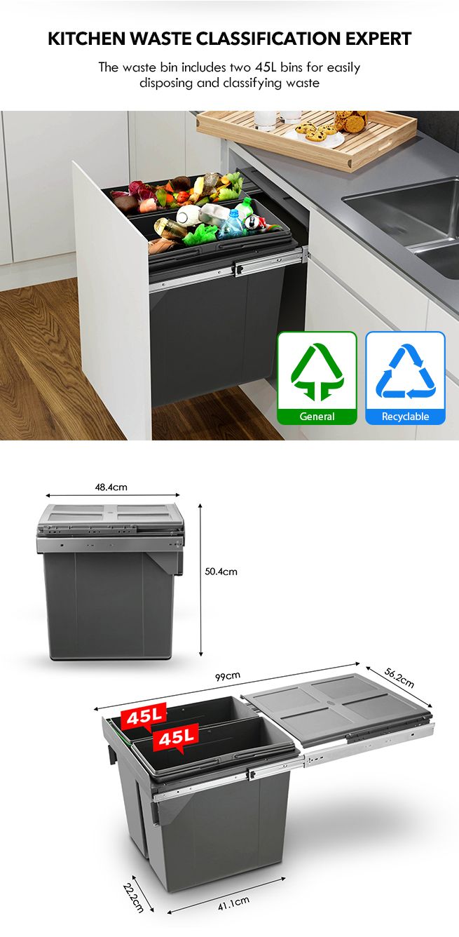 90L Pull Out Kitchen Bin Under Sink Dual Bins Cupboard Waste Recycling ...