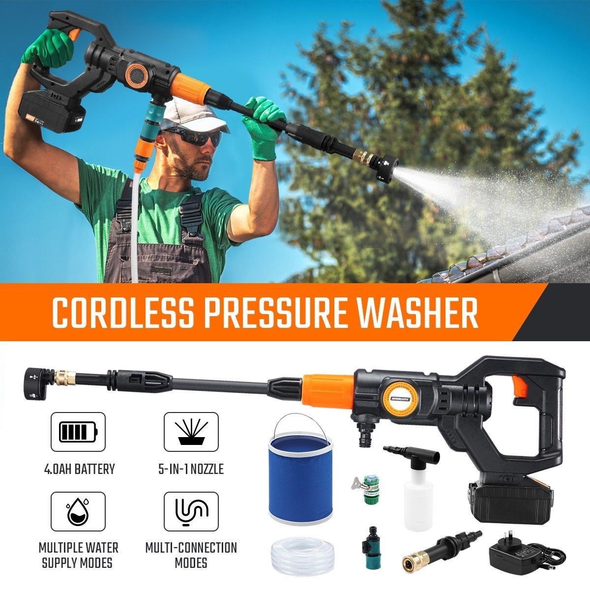 20V 4Ah Cordless High Pressure Washer Portable 20V Electric Cleaner ...
