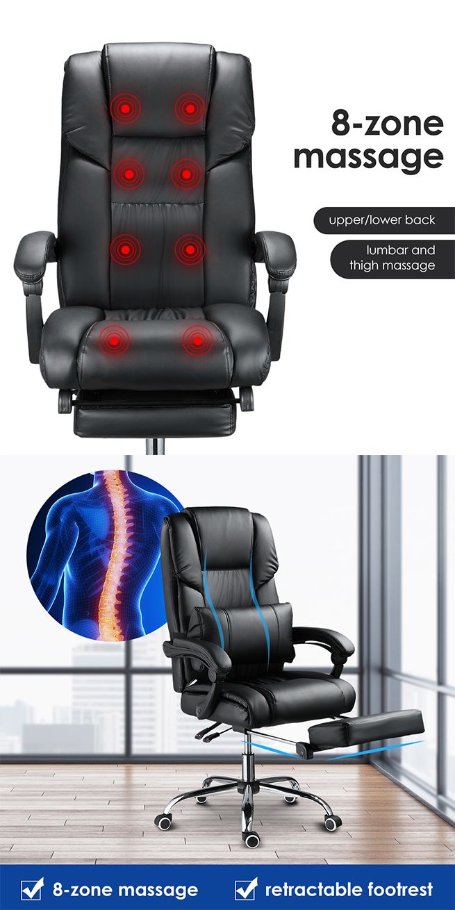 PU Leather 8-Point Massage Executive Office Chair w/ Lumbar Support ...
