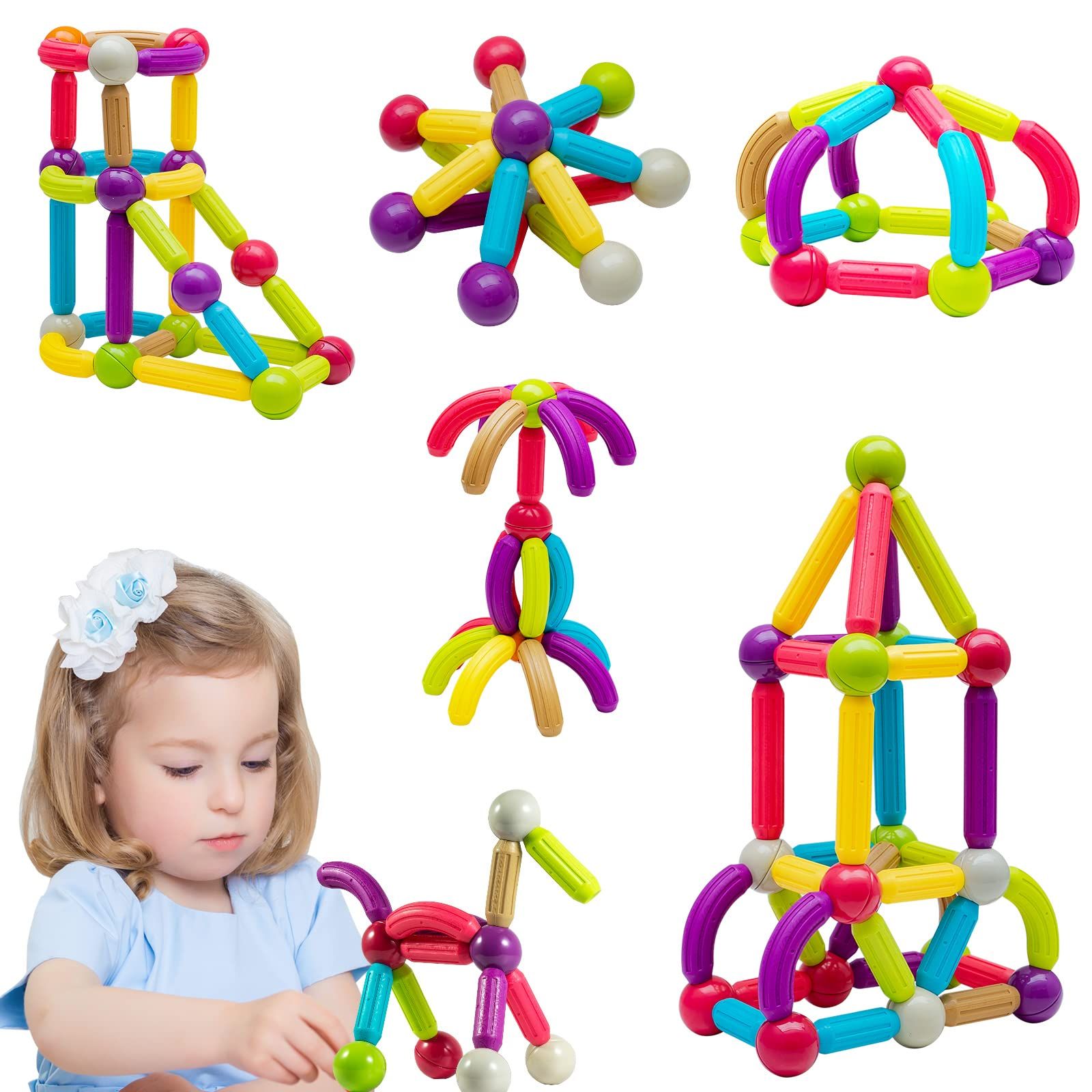 64Pcs Magnetic Balls and Rods Building Sticks Blocks Set Vibrant Colors ...