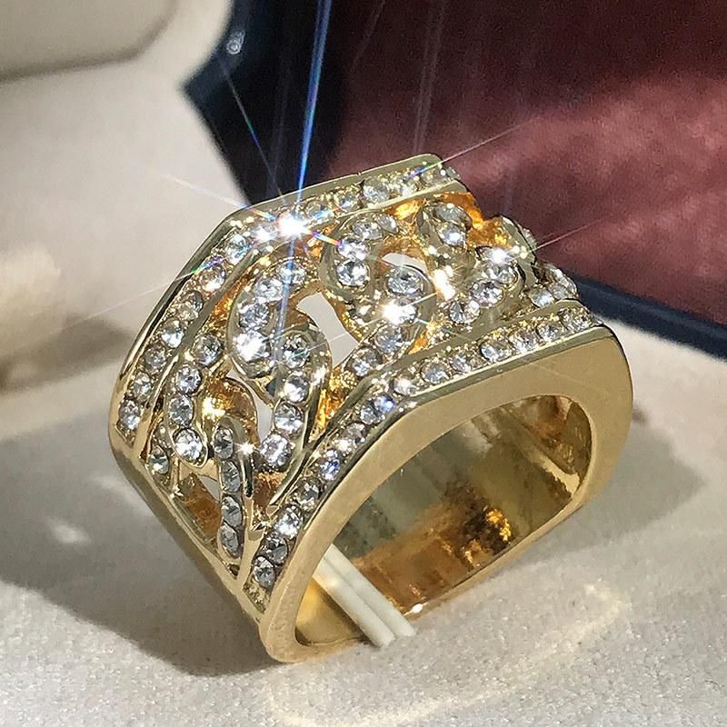Cuban Link Luxury Shiny Gold Color Iced Out Ring - 8