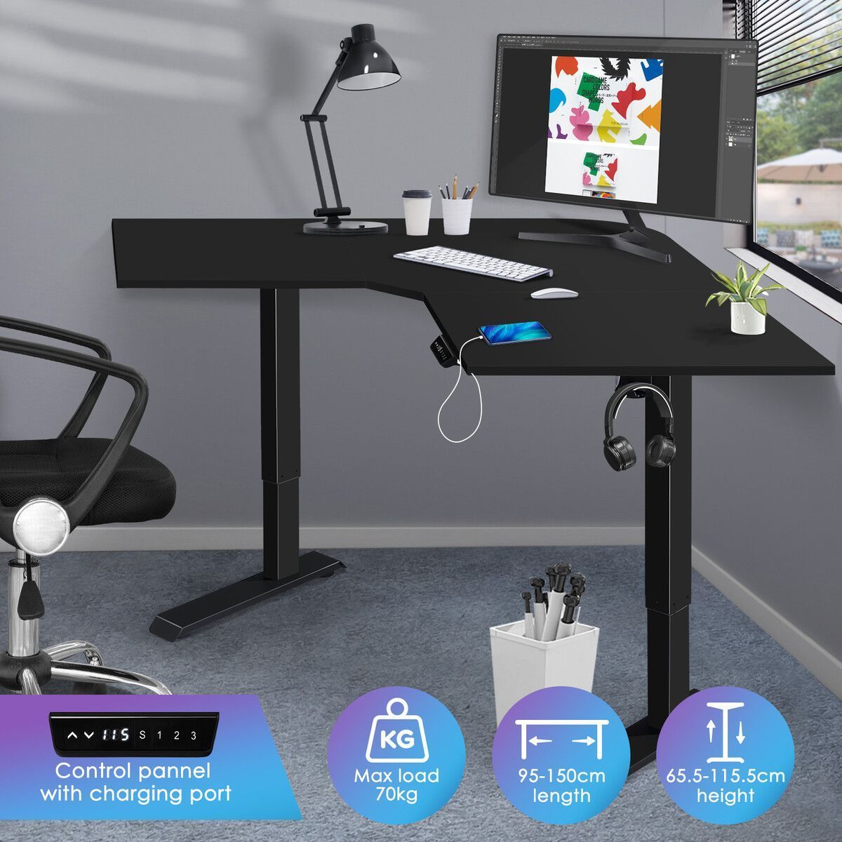 L Shaped Standing Desk Black Corner Sit Stand Computer Table Electric Motorised Height ...