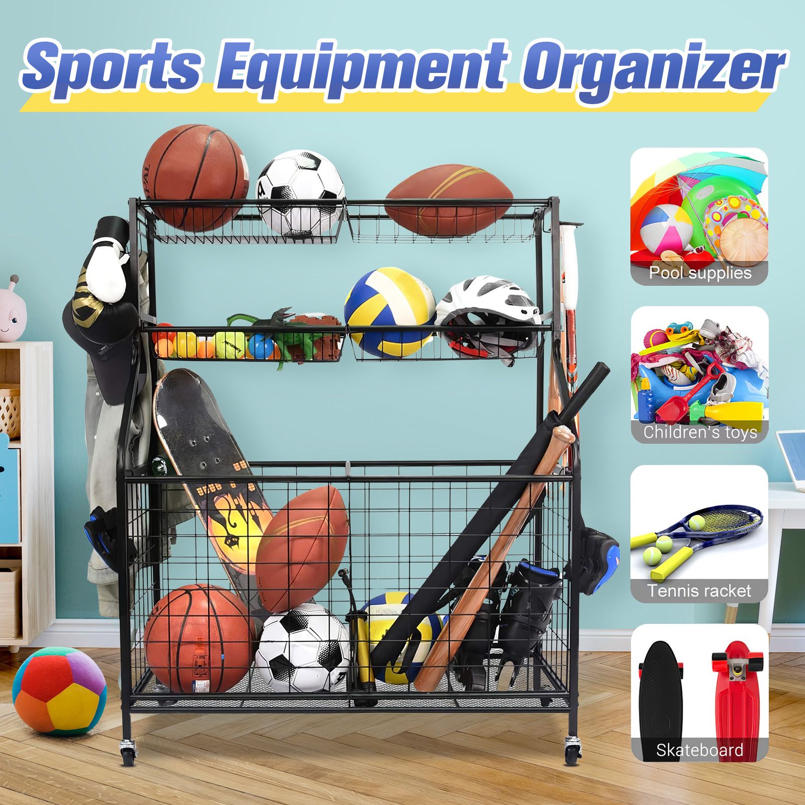 All-in-one Ball Storage Rack Sports Equipment Garage Organizer ...