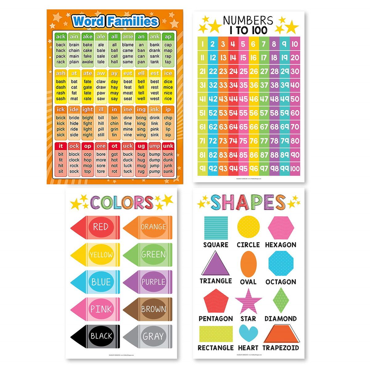 4p Word Family Count 1-100 Numbers, Colors Shapes, ABC Posters Counting ...