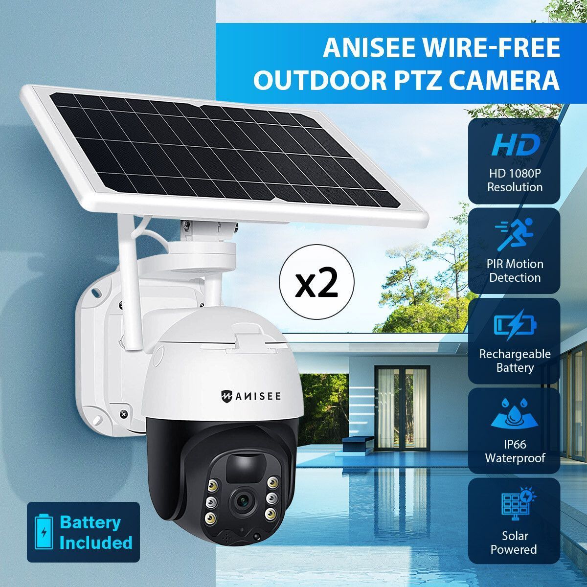 PTZ Security Camera CCTV Solar Wifi 2.0MP Home Spycam Surveillance System Outdoor Waterproof ...