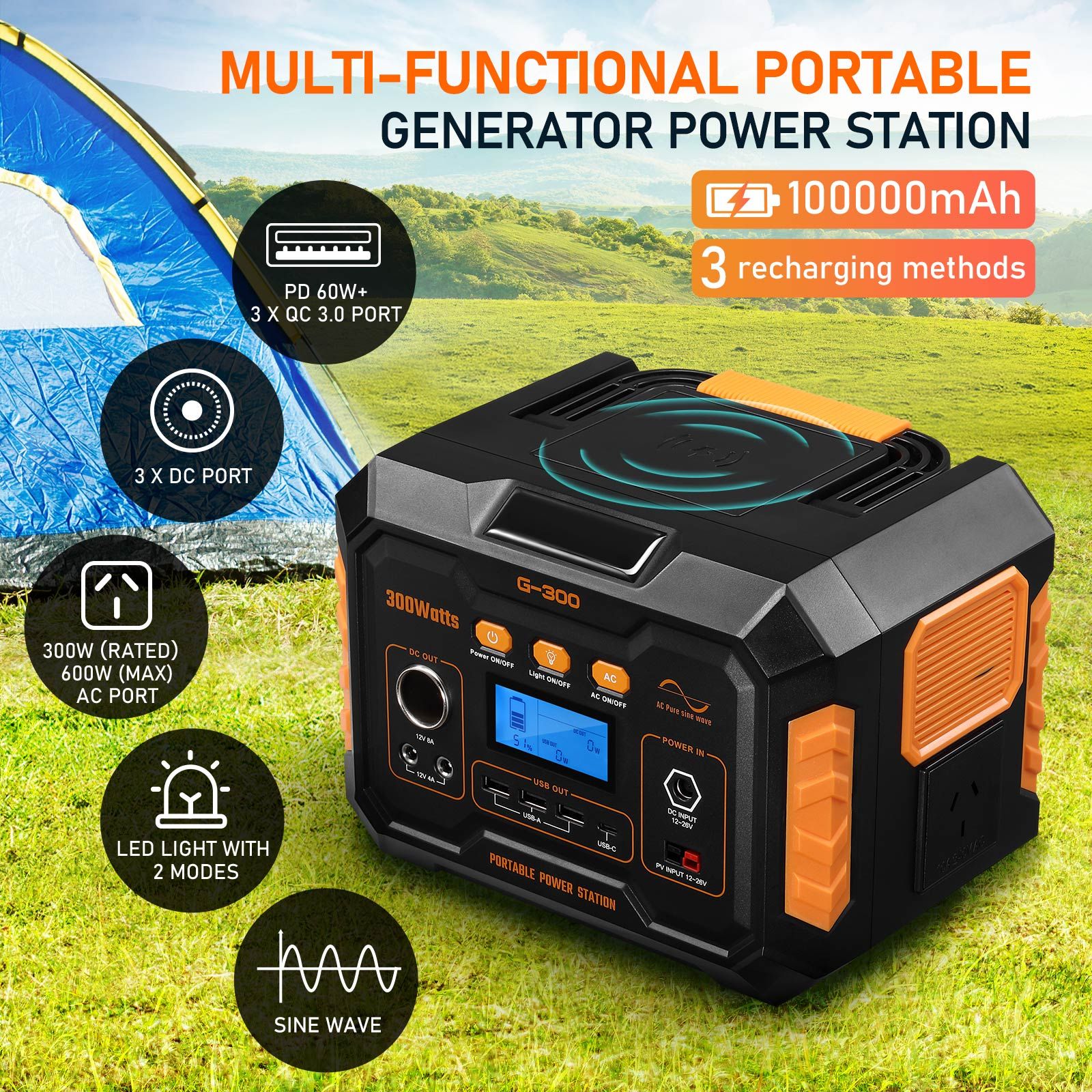 Power Station Solar Portable Generator Camping Wireless Rated 300W ...