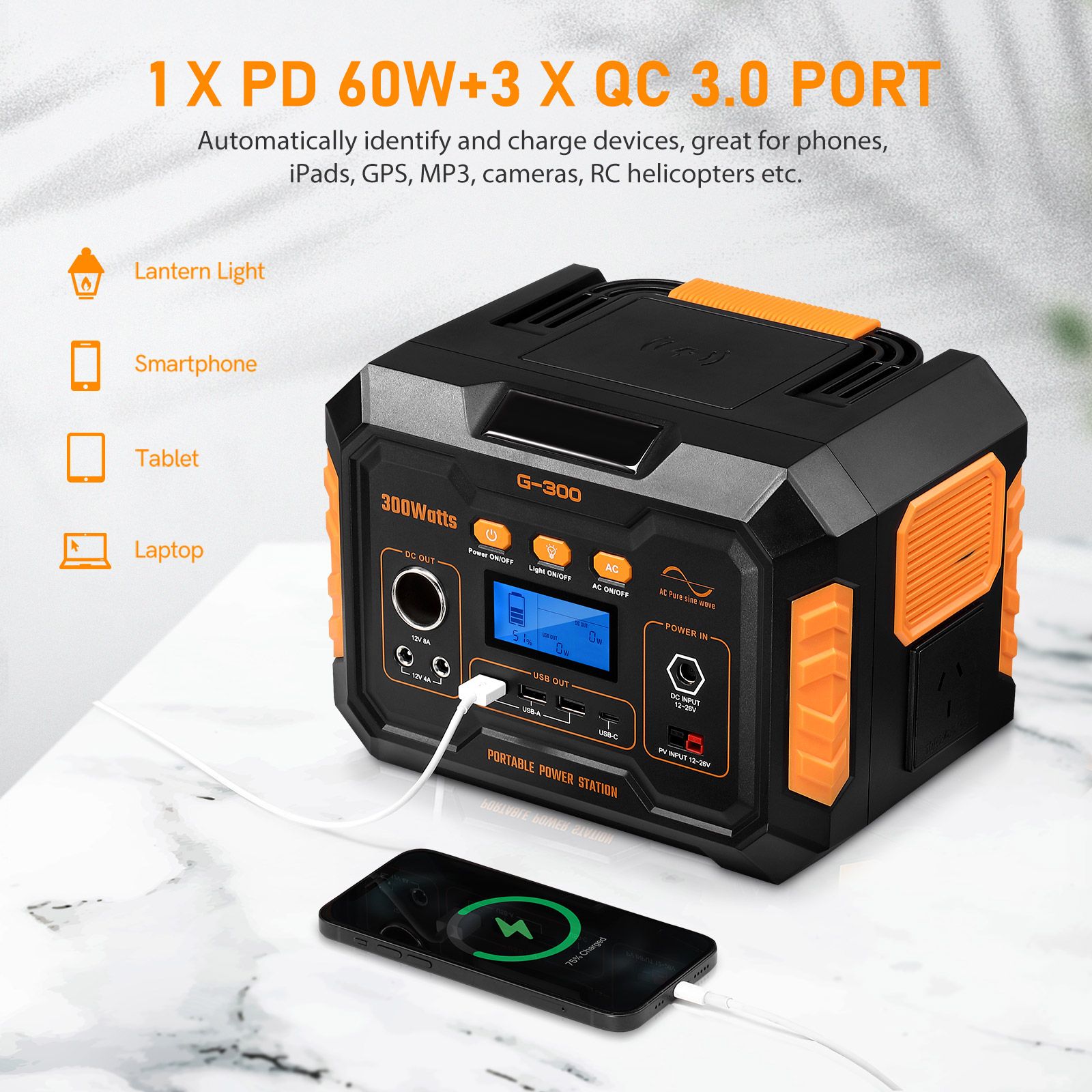 Power Station Solar Portable Generator Camping Wireless Rated 300W ...