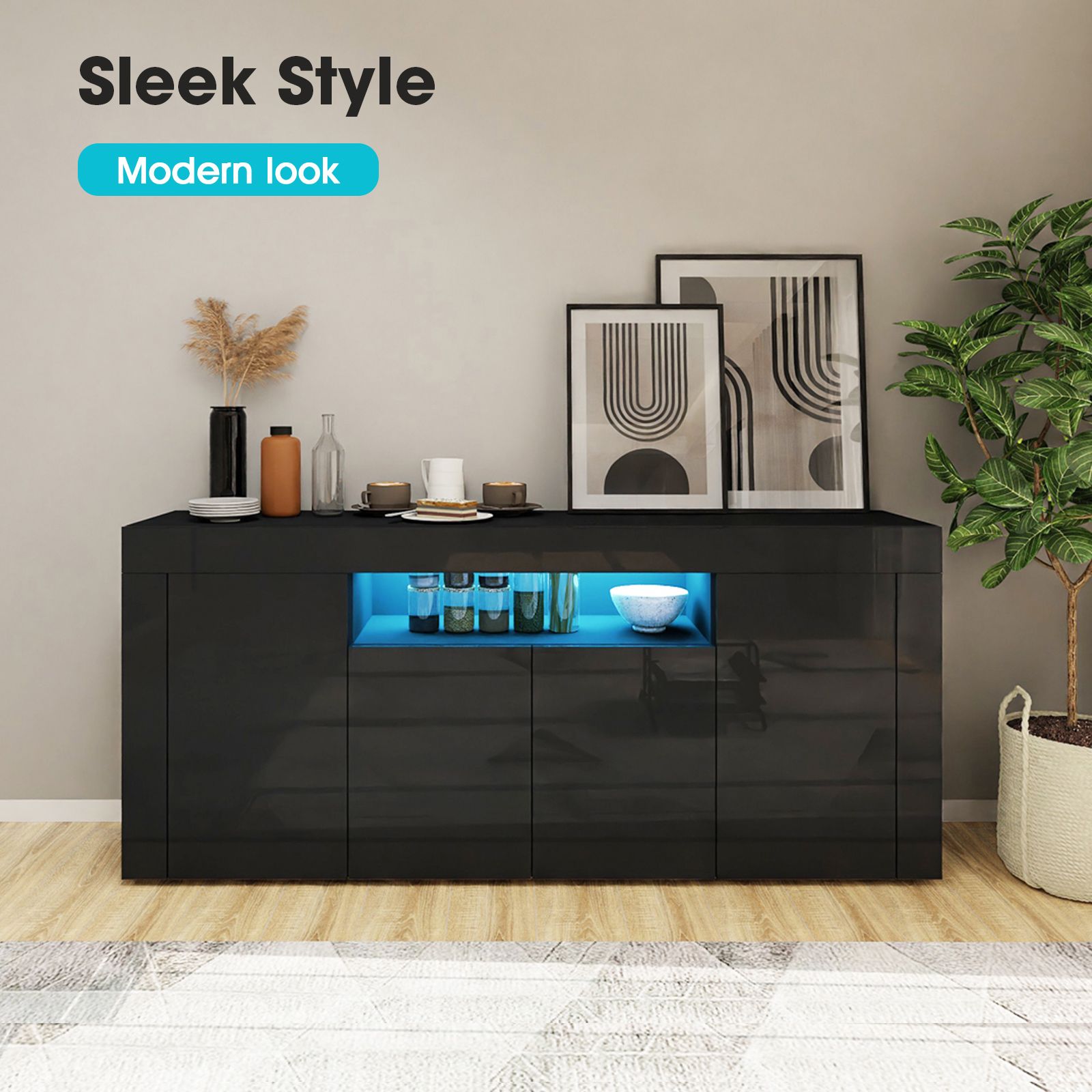 Black LED TV Unit Buffet Sideboard Cupboard Entertainment Centre ...
