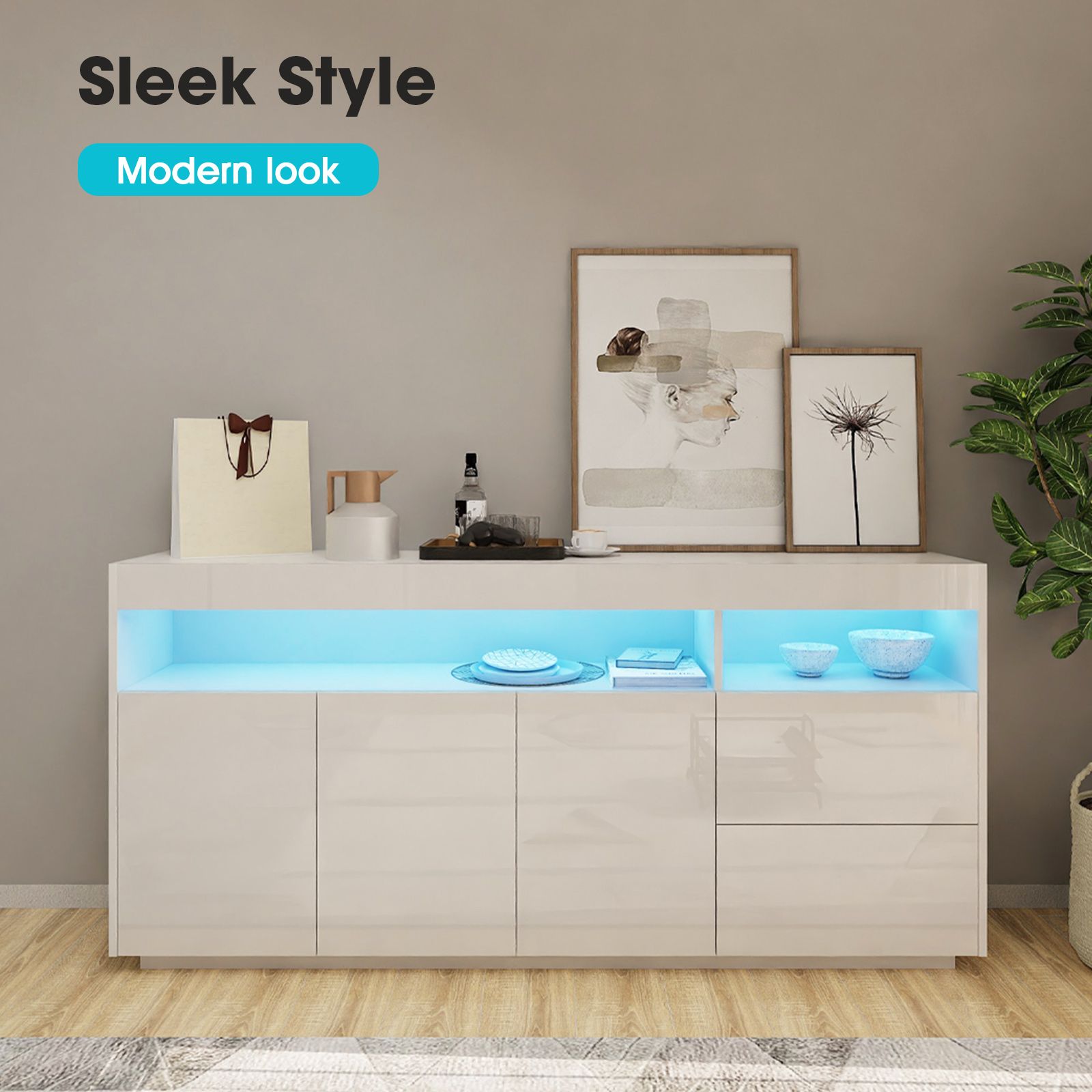 White LED TV Unit Entertainment Centre Cupboard Sideboard Buffet Bench ...