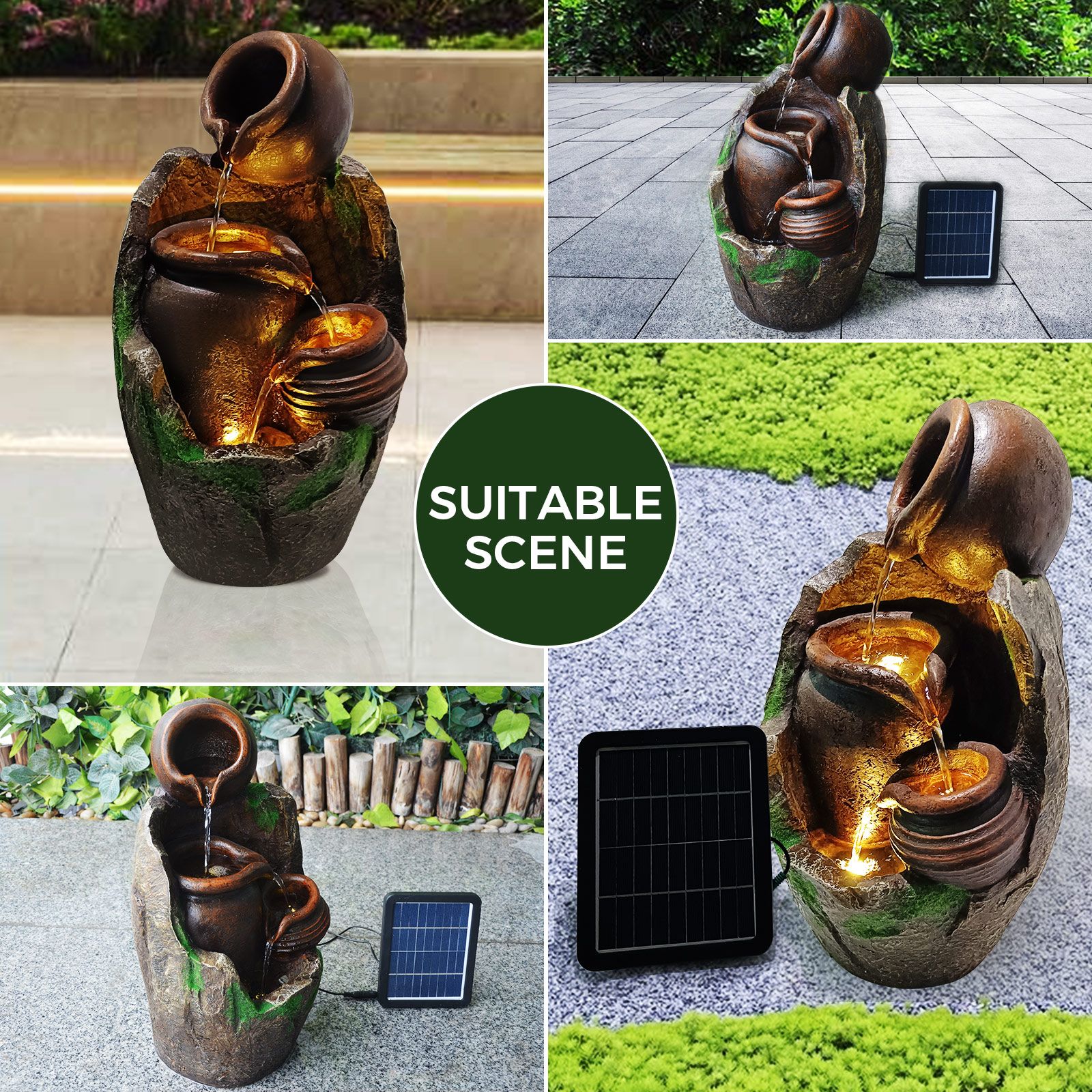 Garden Fountain Solar Water Features Outdoor LED Waterfall Indoor Patio ...