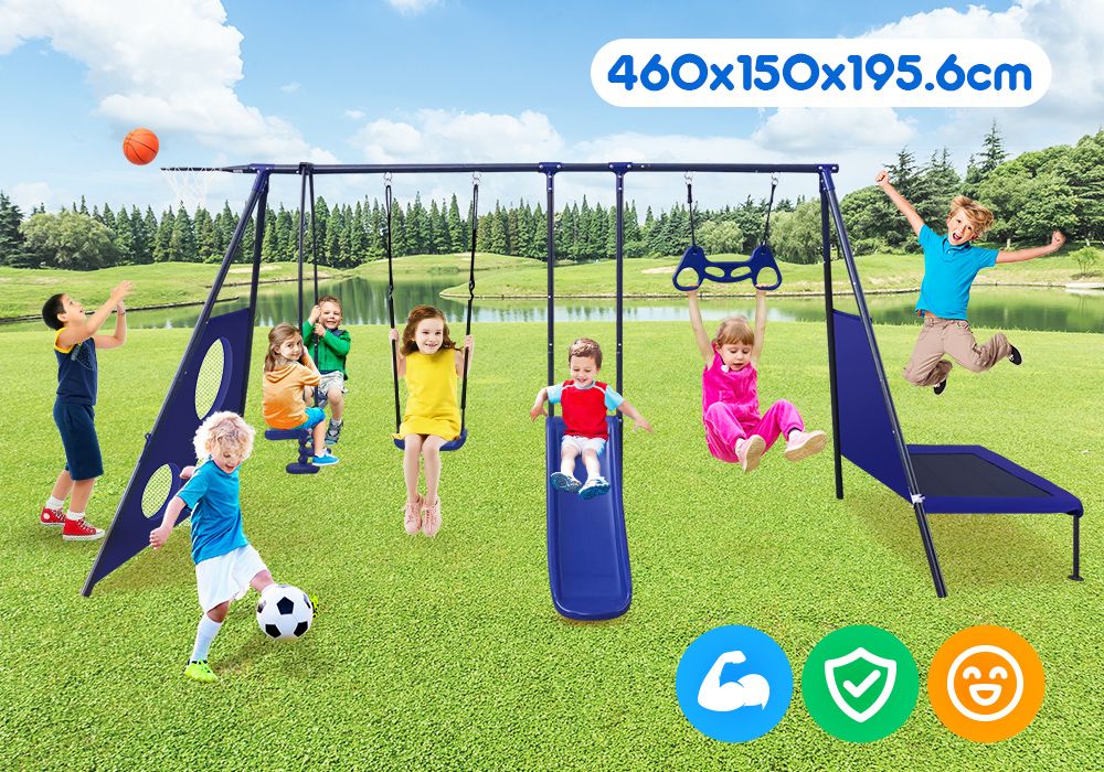 Swing Set With Slide Seesaw Trampoline Trapeze Basketball Hoop Football ...