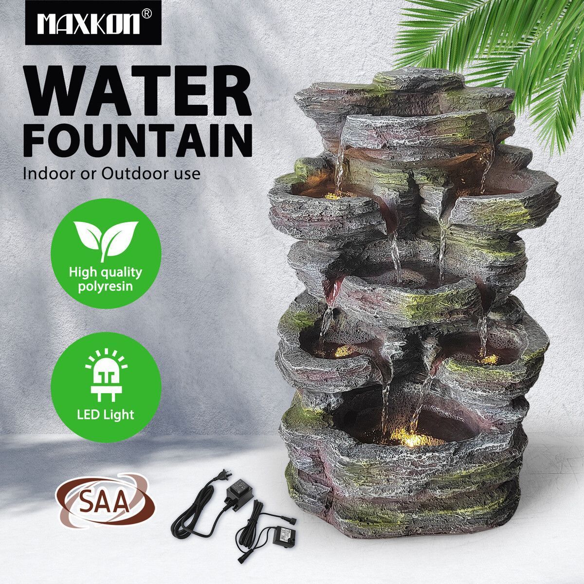 Garden Water Feature Fountain Rocky Waterfall LED Lights Submersible ...