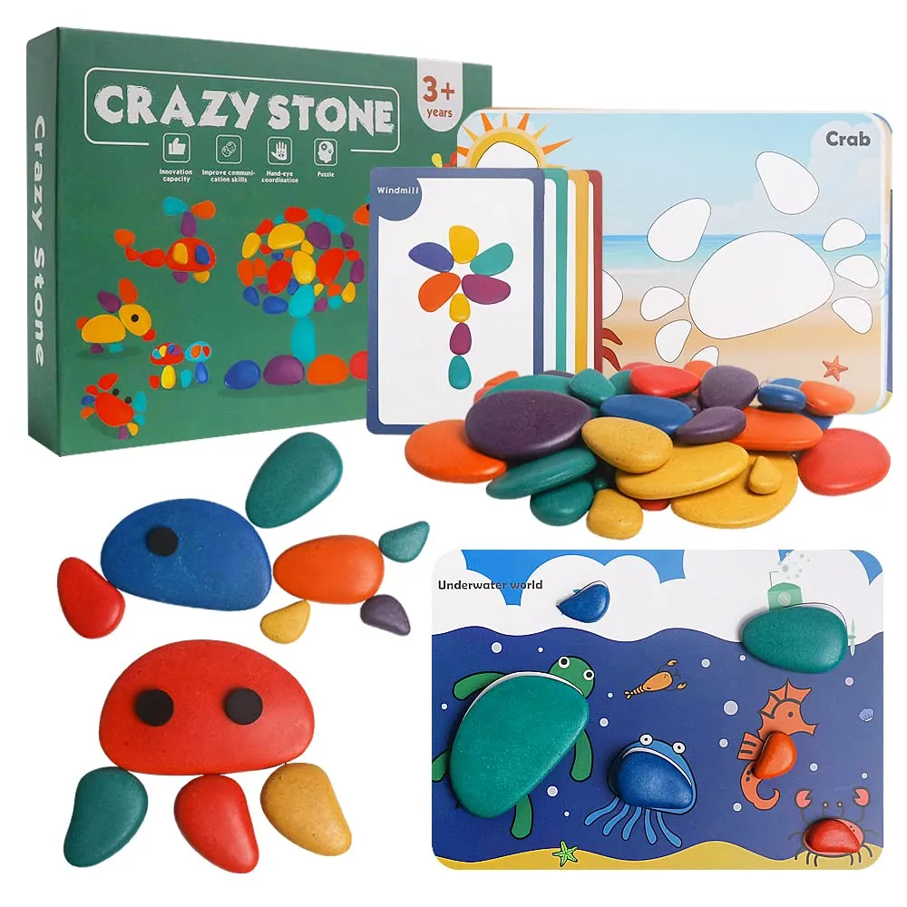 Wooden Sorting Stacking Rocks Toys Montessori Jigsaw Puzzle with Cards ...