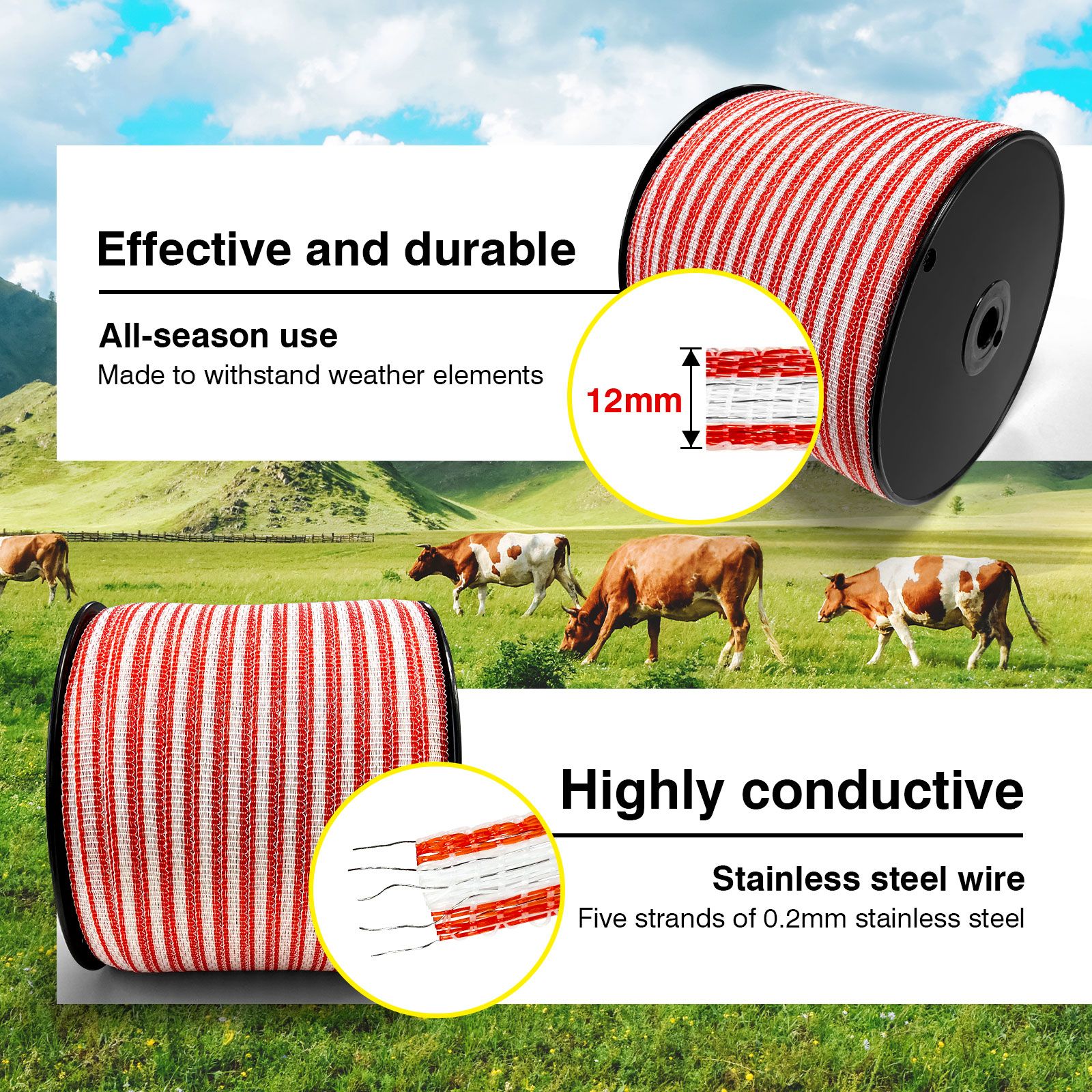Electric Fence Poly Wire Tape 500 Meters 12mm Portable Temporary ...