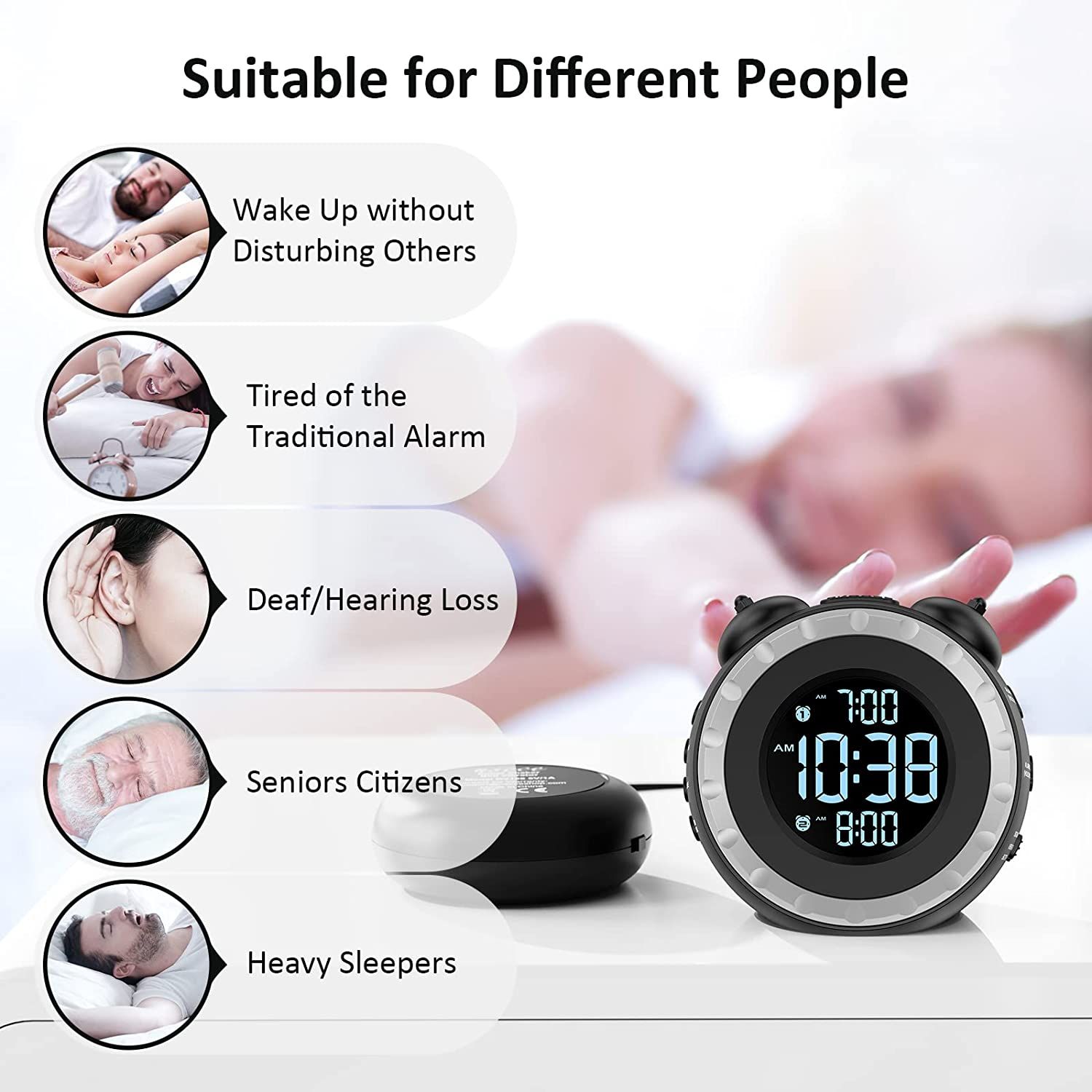 Dual Loud Bed Shaker Alarm Clock - 0-100% Dimming, Vibrating Alarm ...