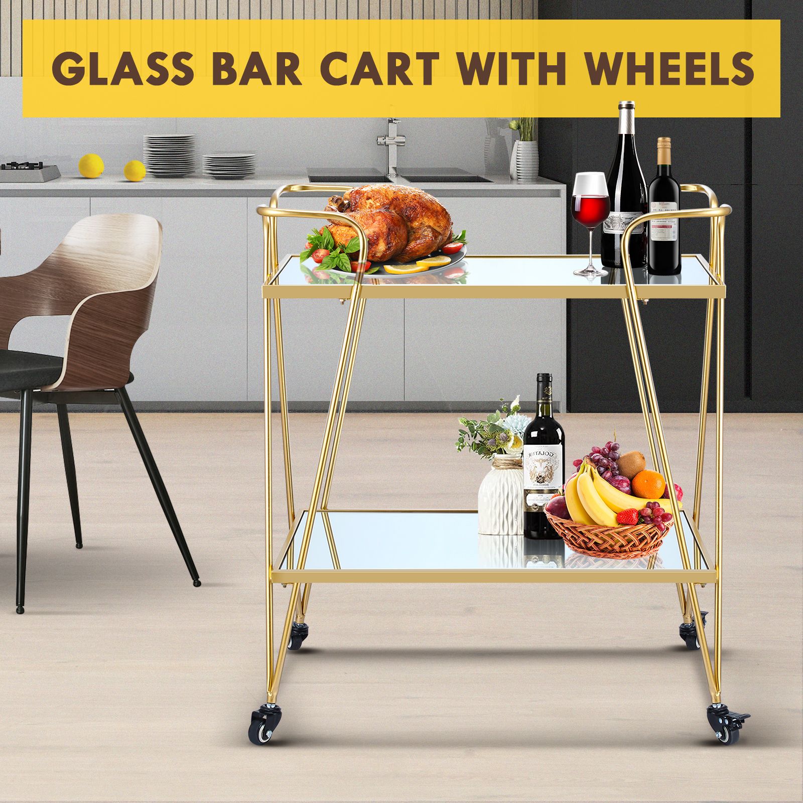 Gold Bar Cart Coffee Trolley Serving Drinks Liquor Tea Wine Cocktail ...
