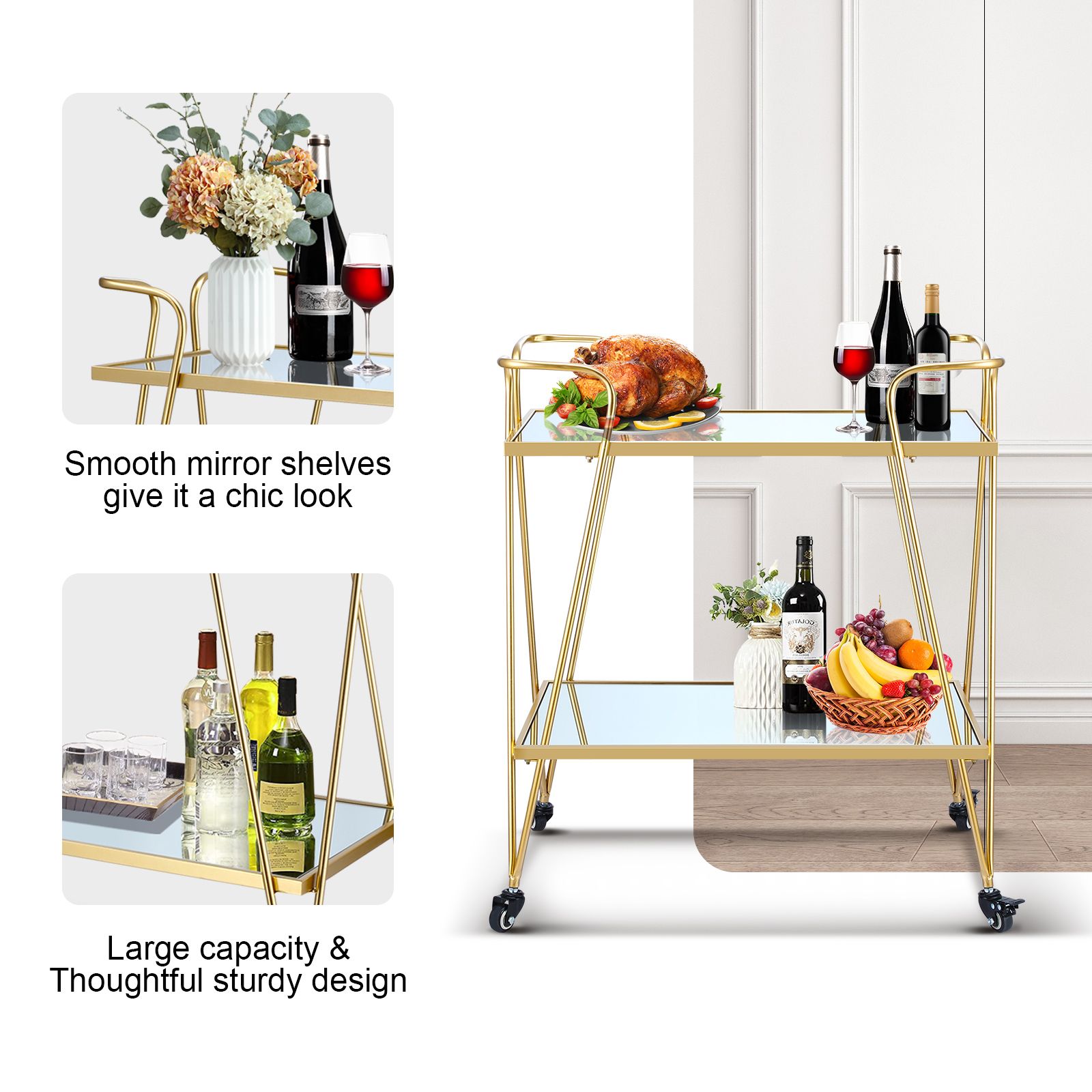 Gold Bar Cart Coffee Trolley Serving Drinks Liquor Tea Wine Cocktail ...