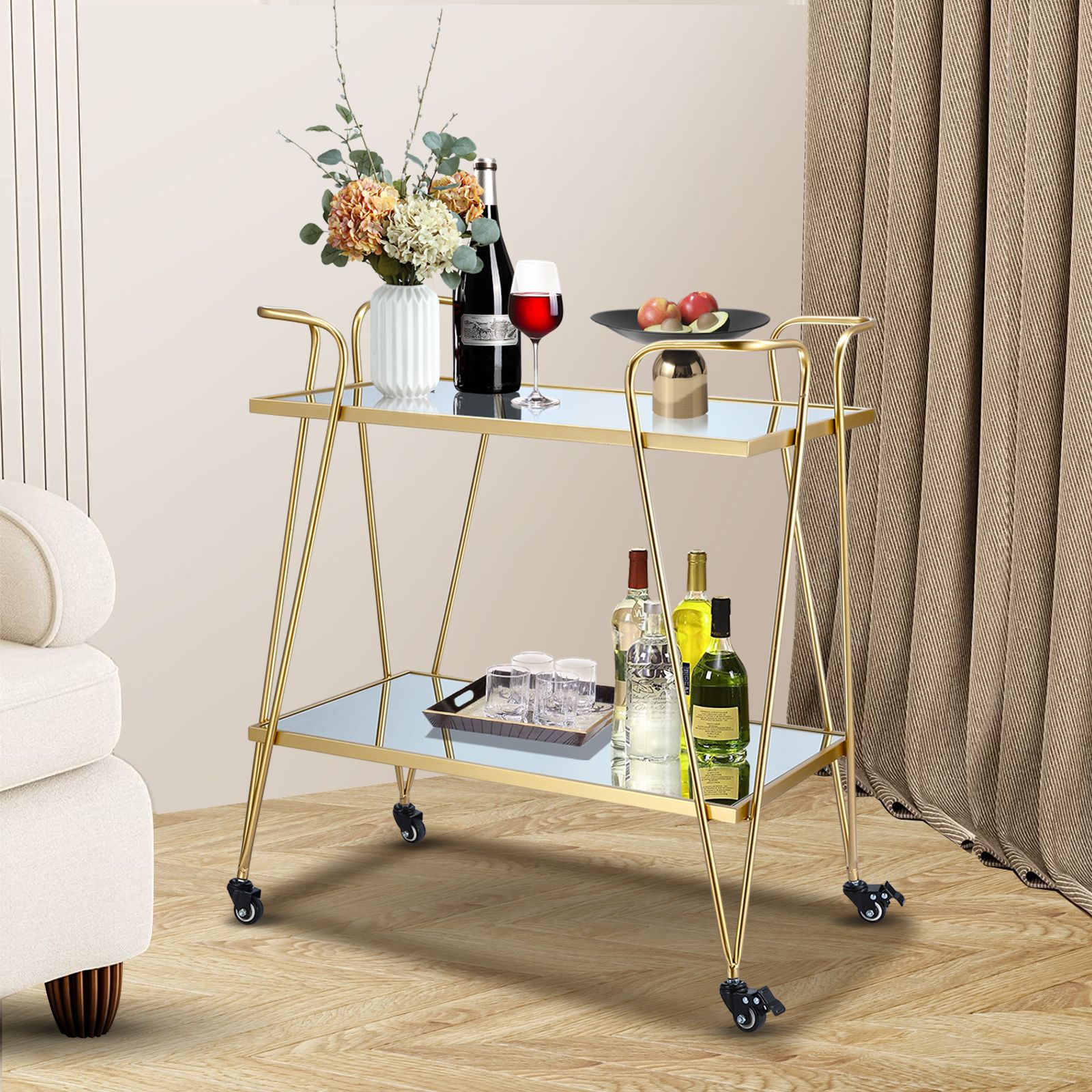 Gold Bar Cart Coffee Trolley Serving Drinks Liquor Tea Wine Cocktail ...