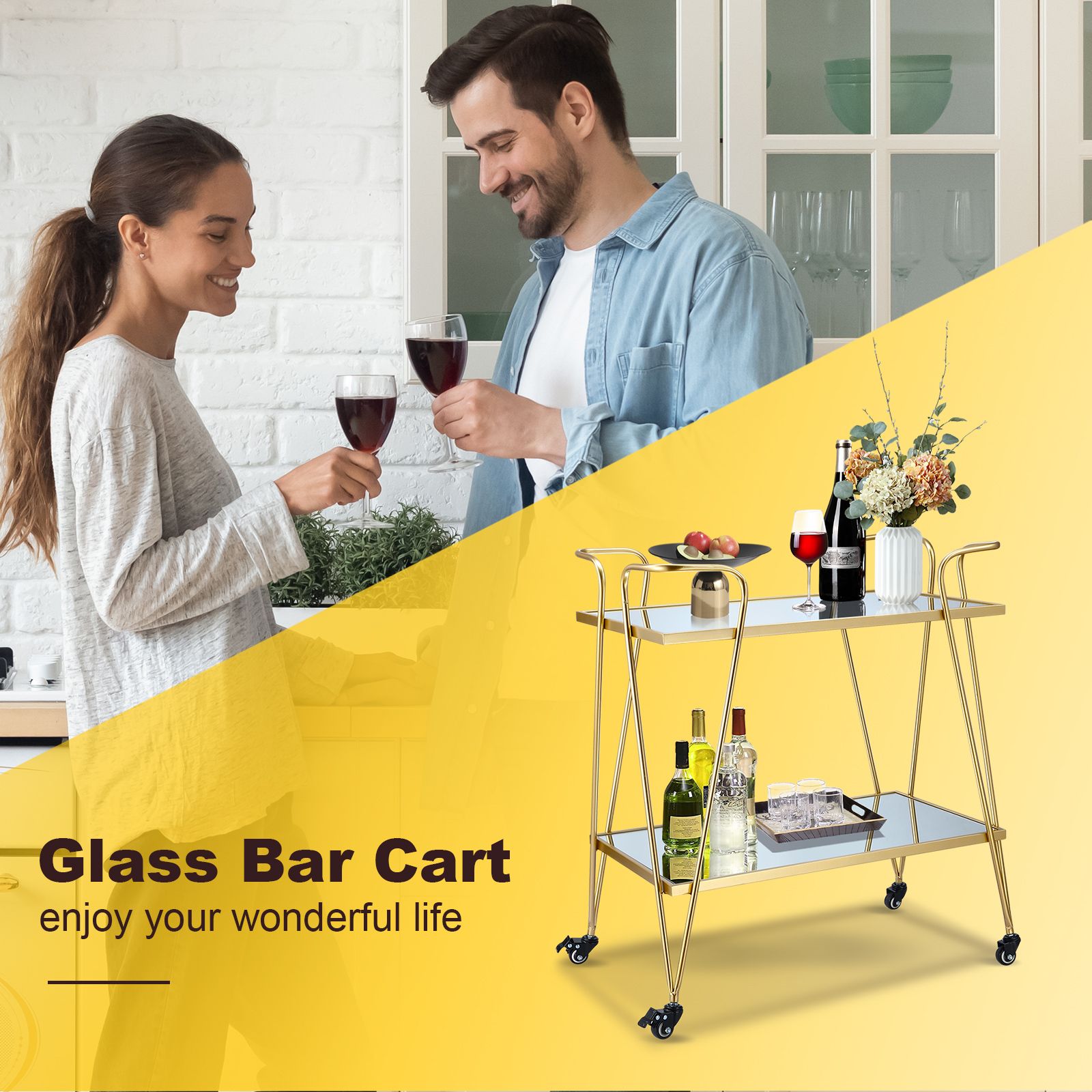Gold Bar Cart Coffee Trolley Serving Drinks Liquor Tea Wine Cocktail ...