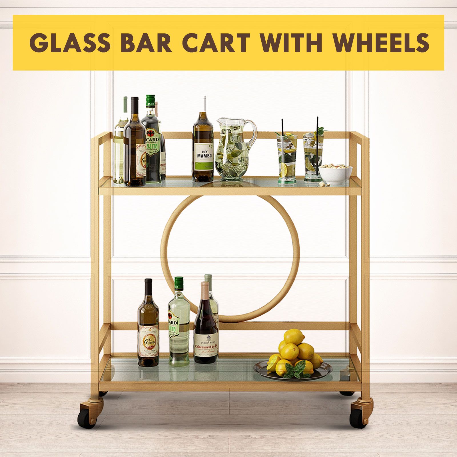 Gold Bar Cart Trolley Serving Drink Coffee Liquor Tea Wine Cocktail ...