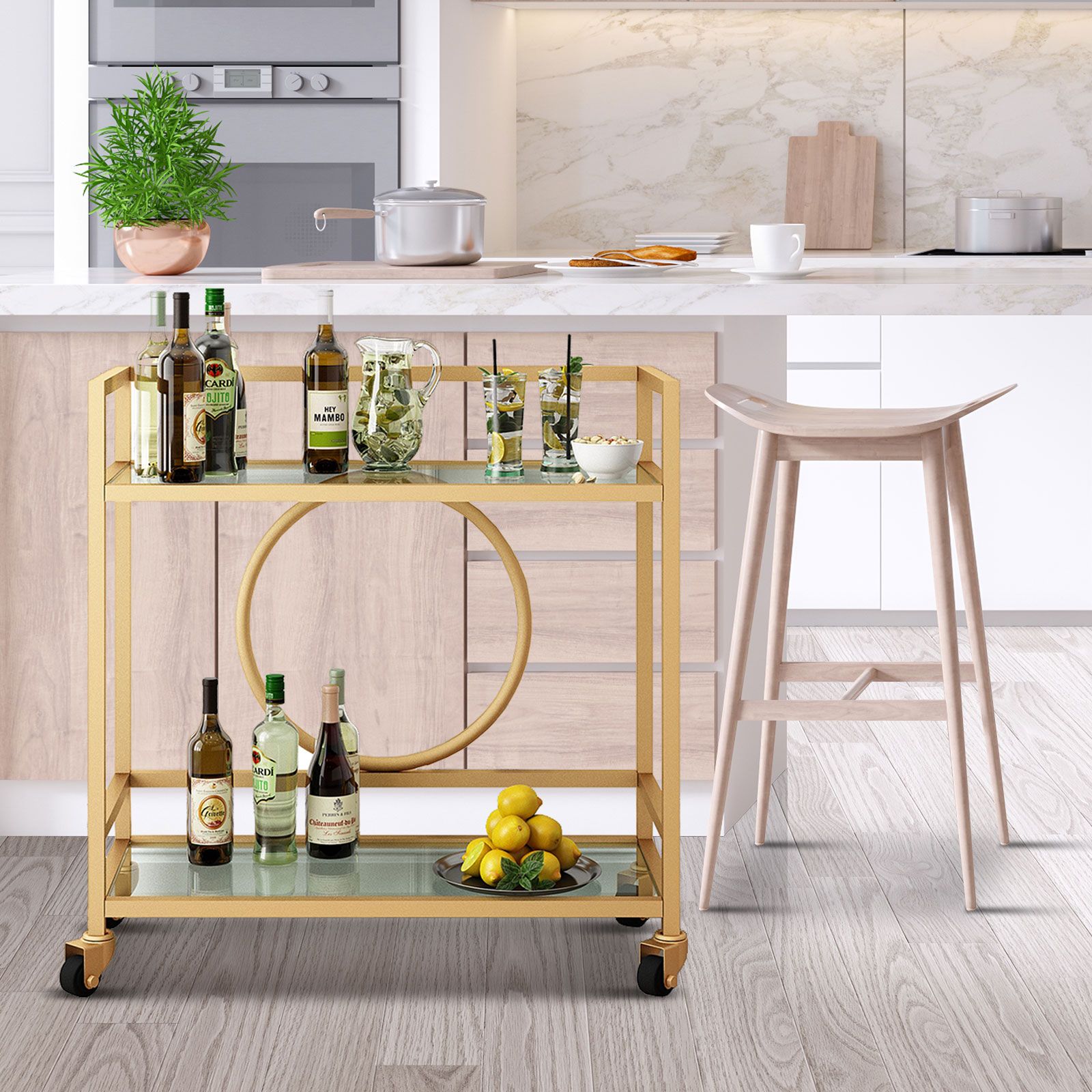 Gold Bar Cart Trolley Serving Drink Coffee Liquor Tea Wine Cocktail ...