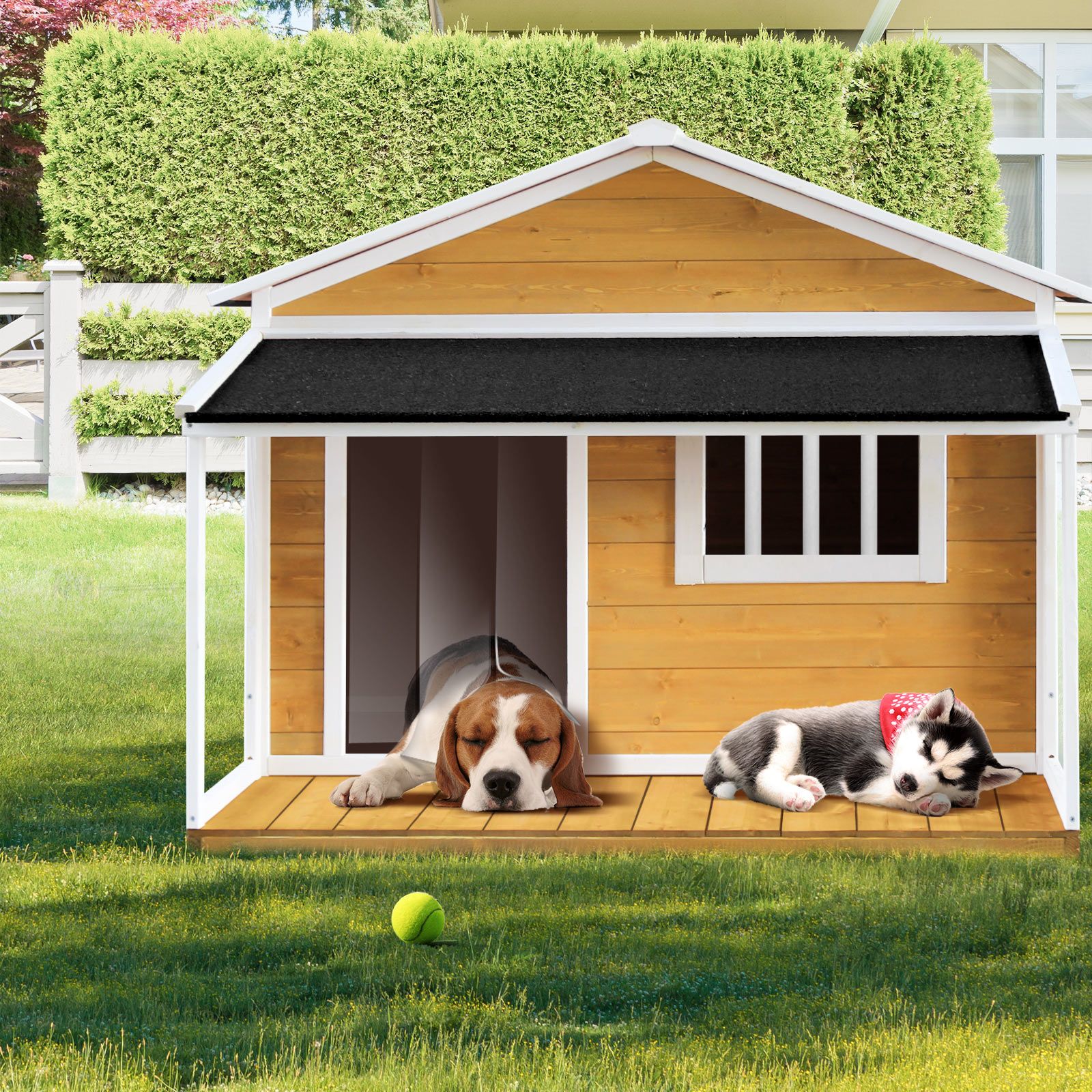 Dog House Kennel Raised Wooden Puppy Pet Shelter Home Outdoor Inside ...