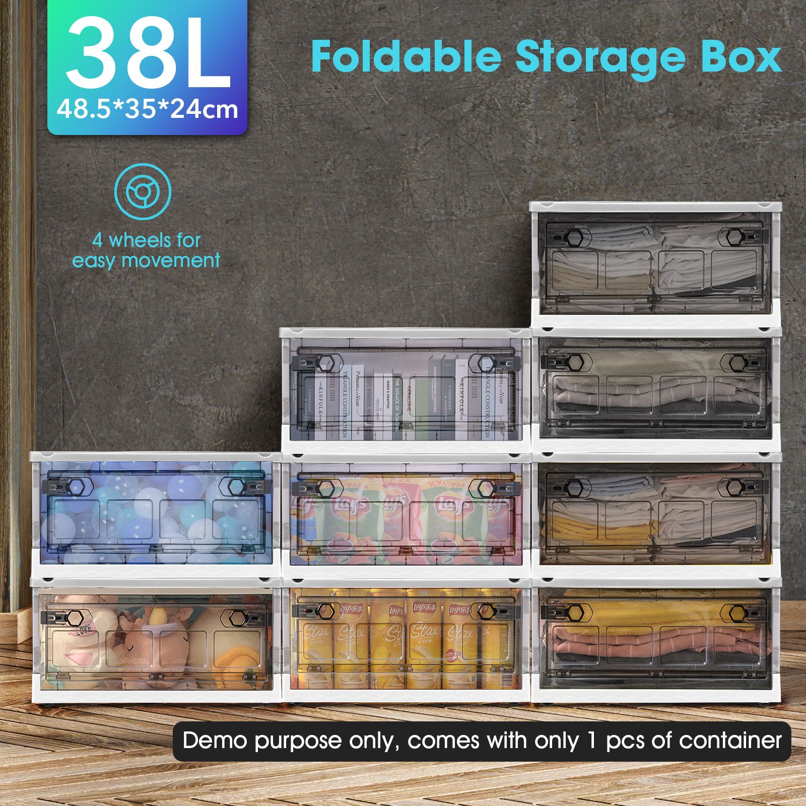 38L Storage Box Container Large Plastic Stackable Organiser Collapsible ...