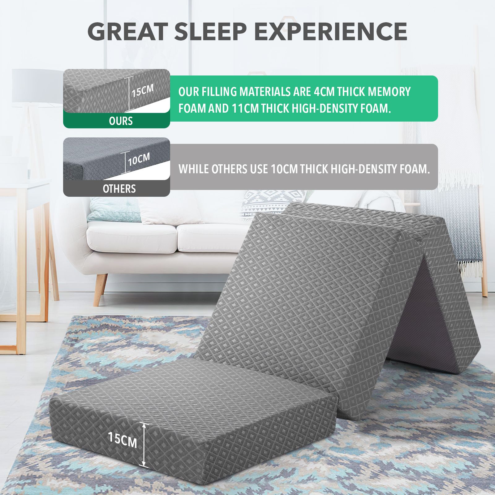 Single Mattress Trifold Foam Sofa Bed Foldable Sleeping Lounge Floor ...