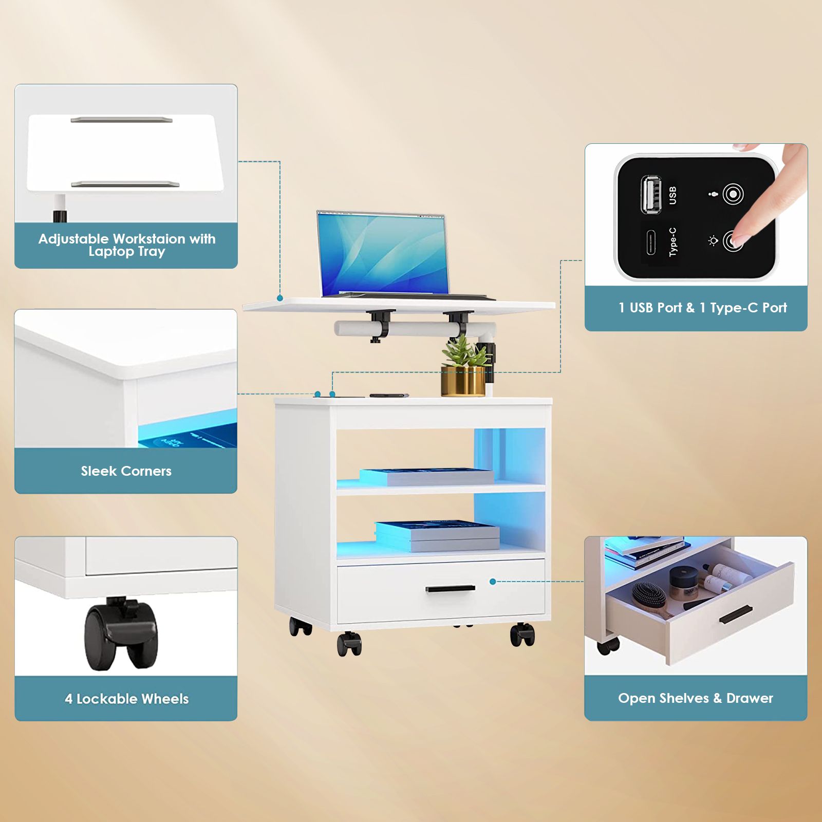 Smart Bedside Table LED End Desk Adjustable Night Stand Rotatable ...