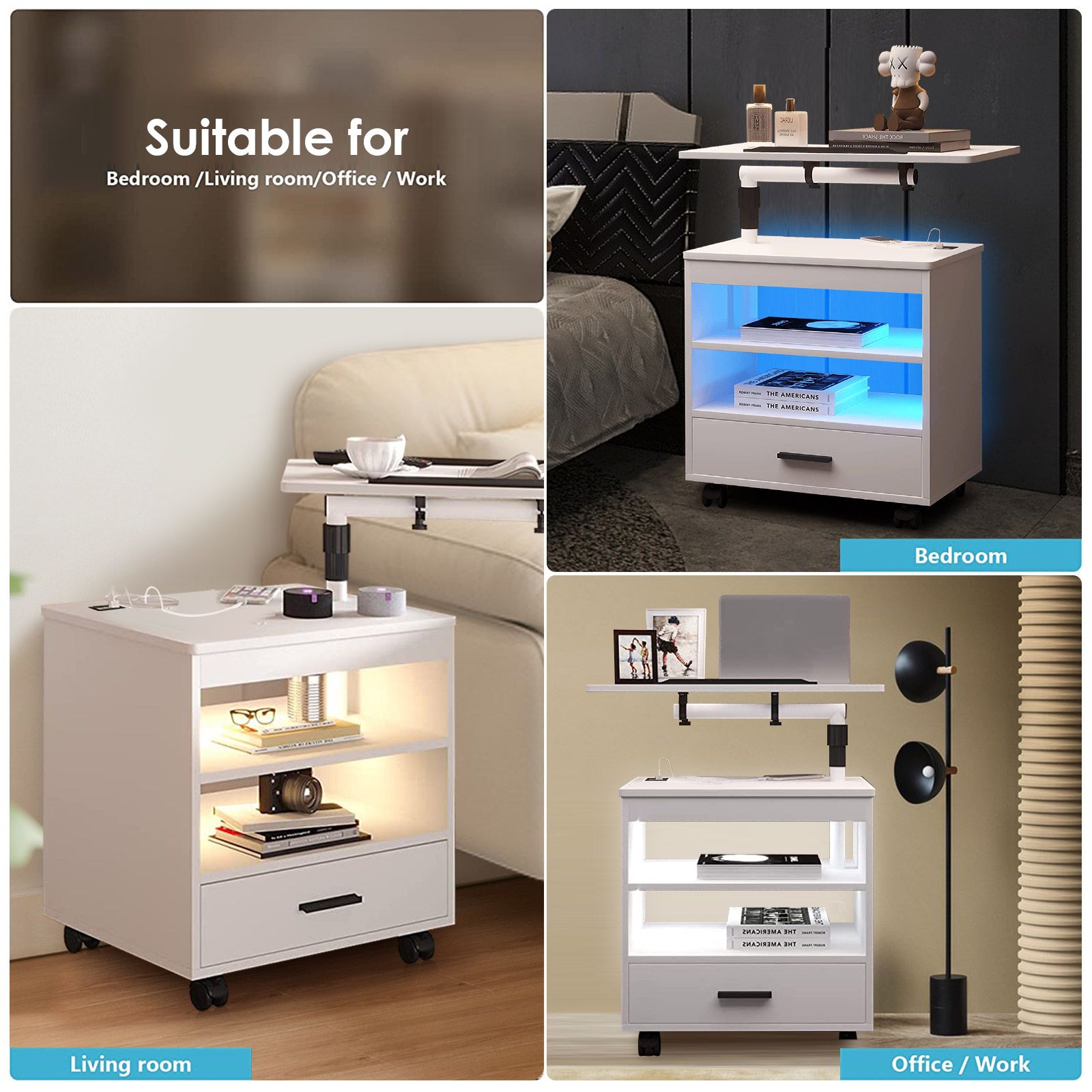 Smart Bedside Table LED End Desk Adjustable Night Stand Rotatable ...
