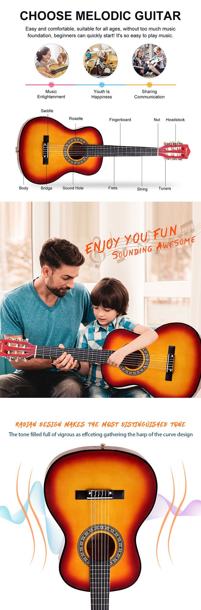 Melodic 34'' Kids Acoustic Guitar 6 Strings Tuner Cutaway Wooden Kids ...