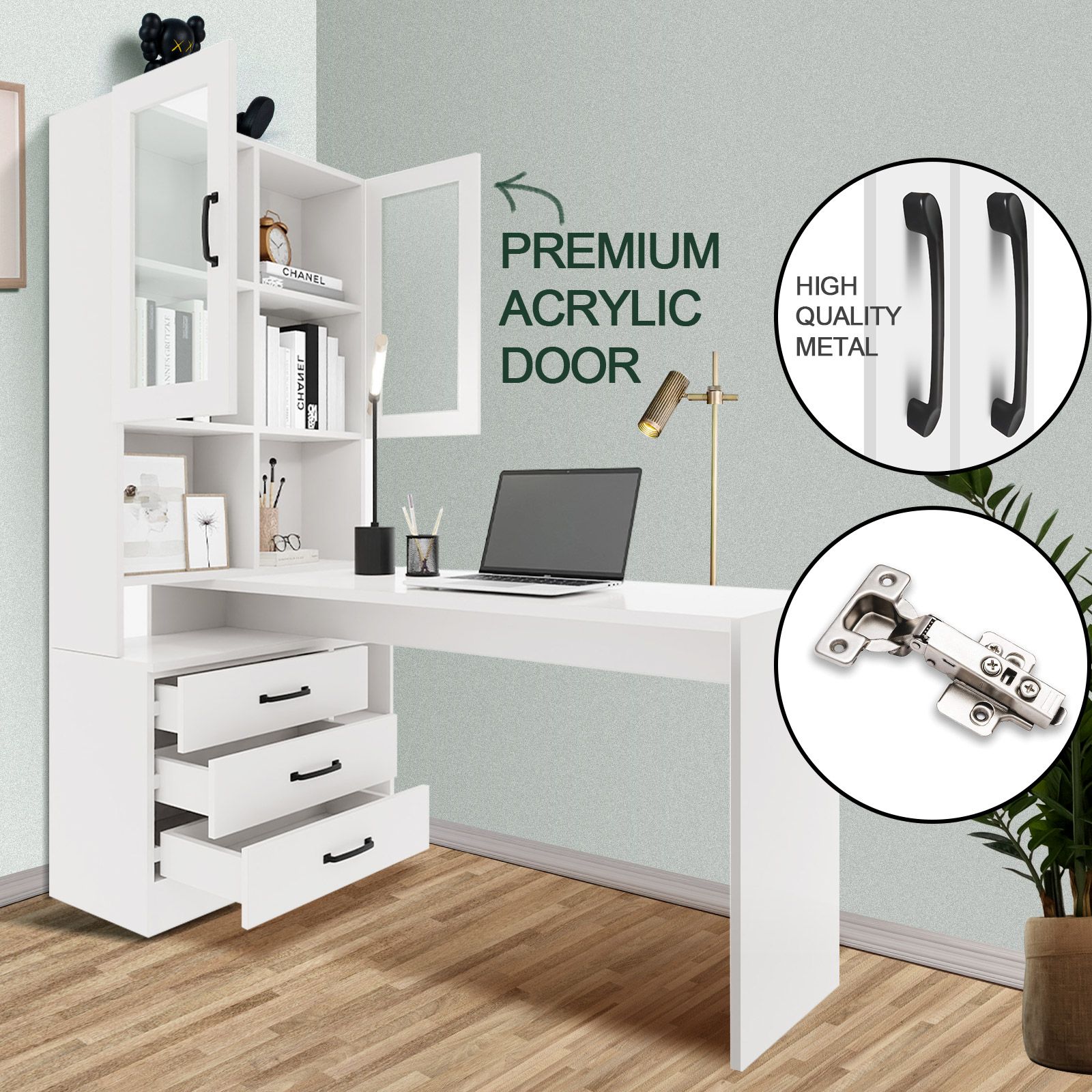 White Computer Desk Bookcase Office Study Writing Laptop Table Shelving ...