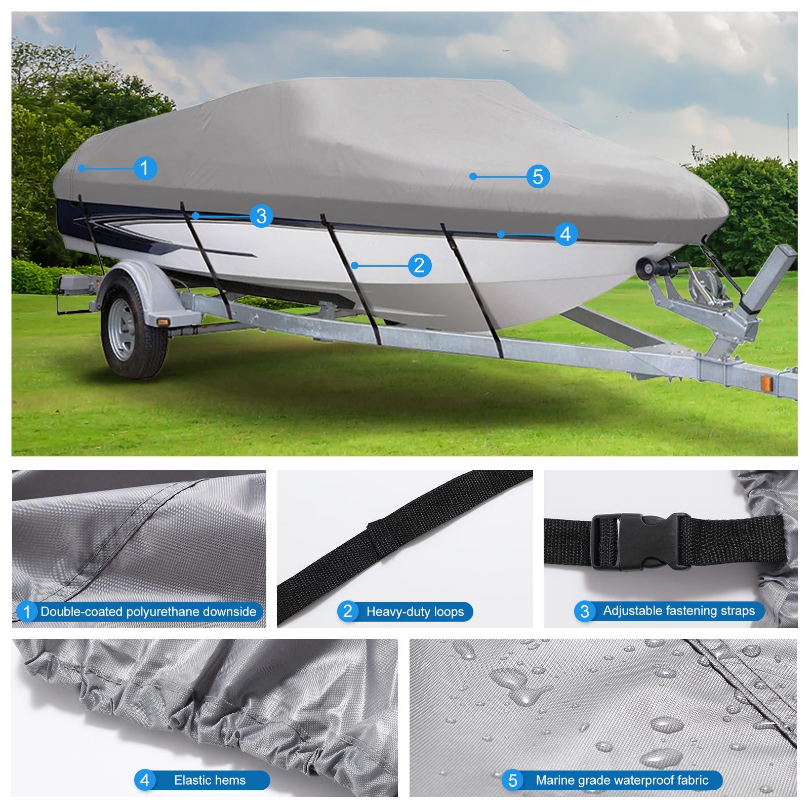 Boat Cover 16-18.5ft Trailerable Waterproof Marine Grade Fabric 600D UV ...