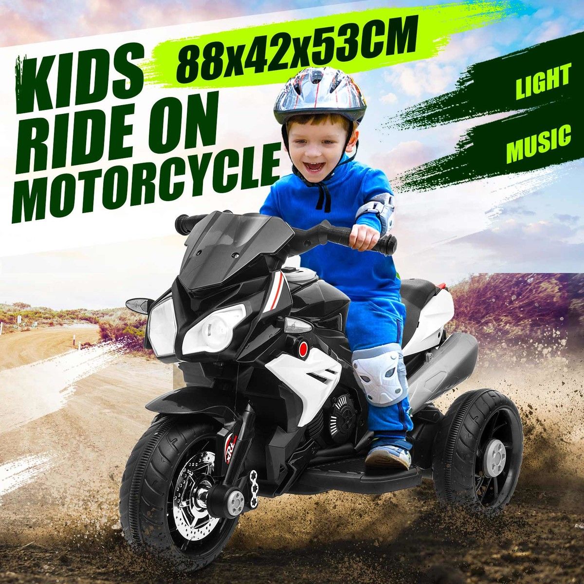Kids Off Road Ride On Toy Bike Electric Cycle with 6V Rechargeable Battery 3 Wheels Music Light ...