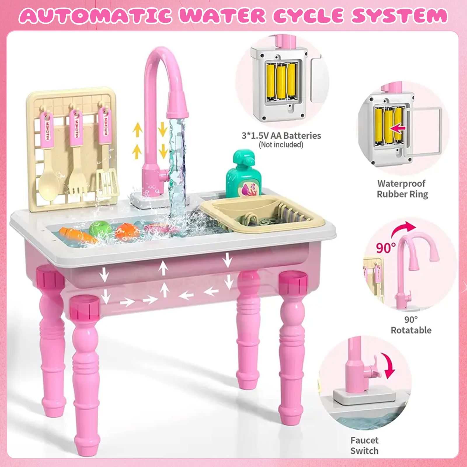 Kids Kitchen Sink Wash Basin Tap Playset Faucet Pretend Role Play Toy ...
