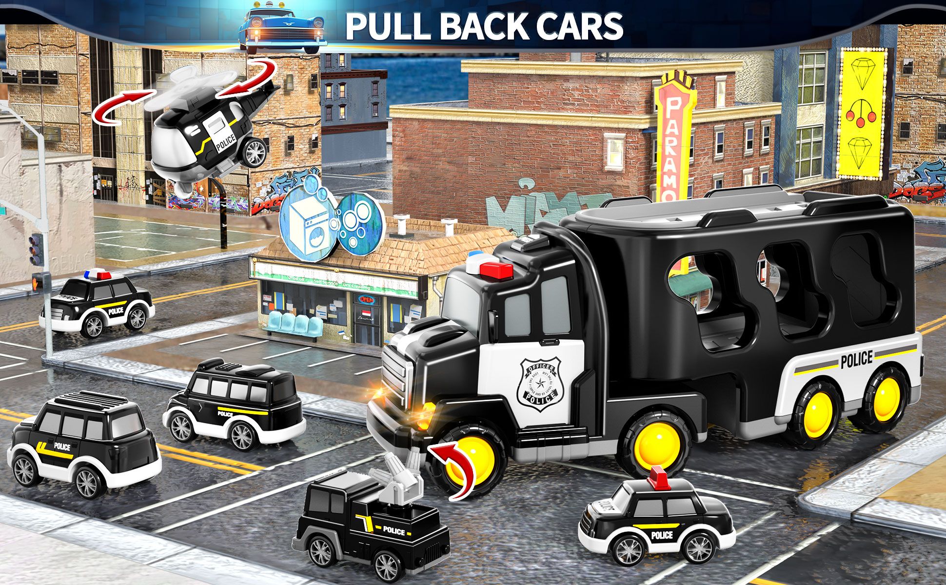 TEMI Police Truck Toys 7-in-1 Friction Power Emergency Vehicle Police ...