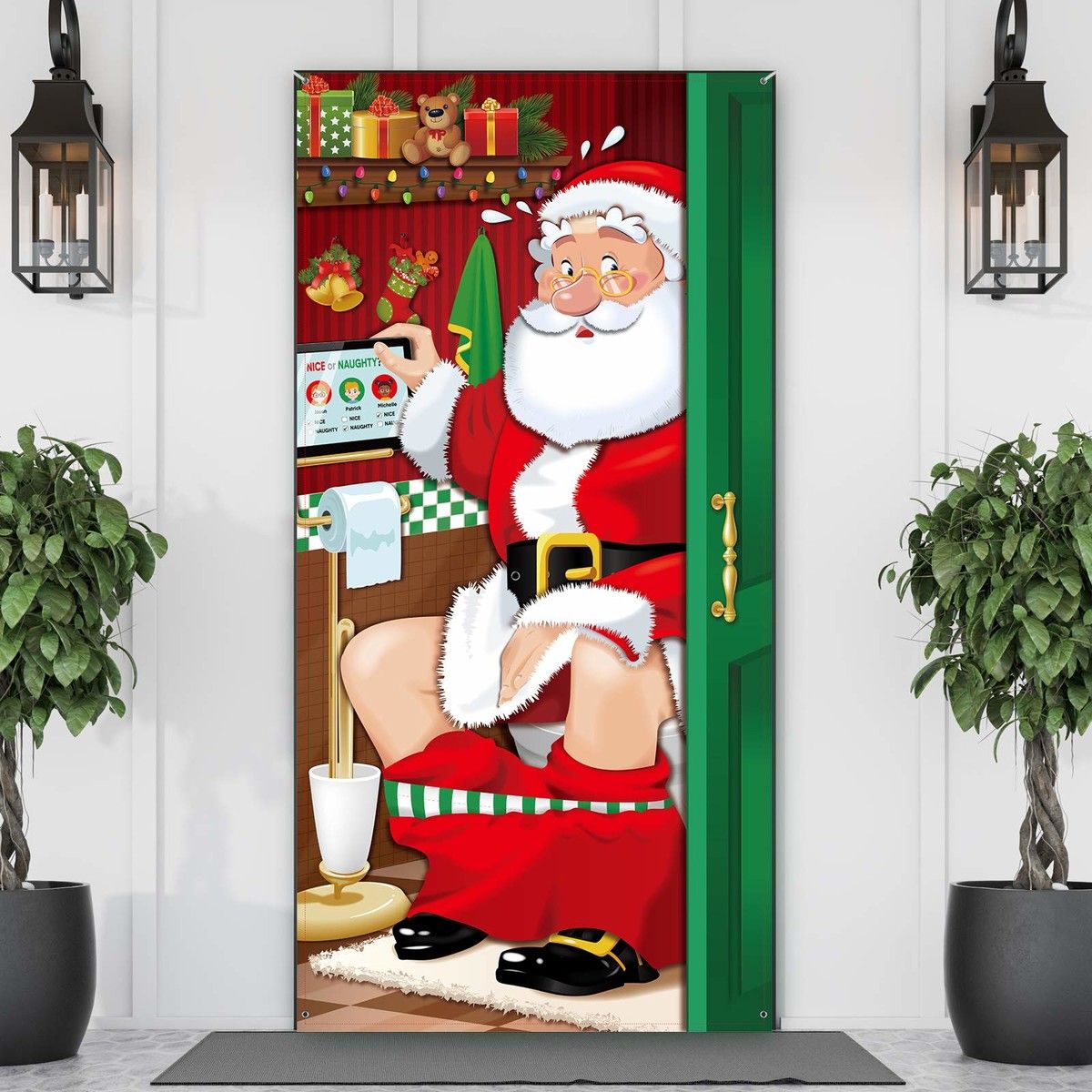 200*90cm Christmas Door Cover, Funny Elves Door Backdrop Fabric Santa ...