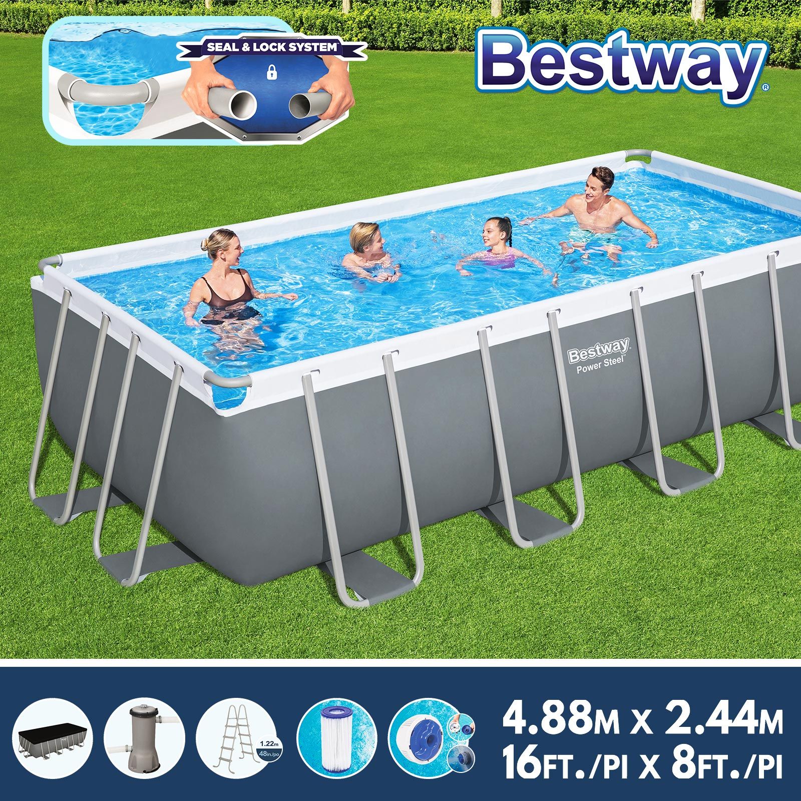 Bestway Power Steel Pool Set 4.88x2.44m Above Ground Outdoor Swimming ...