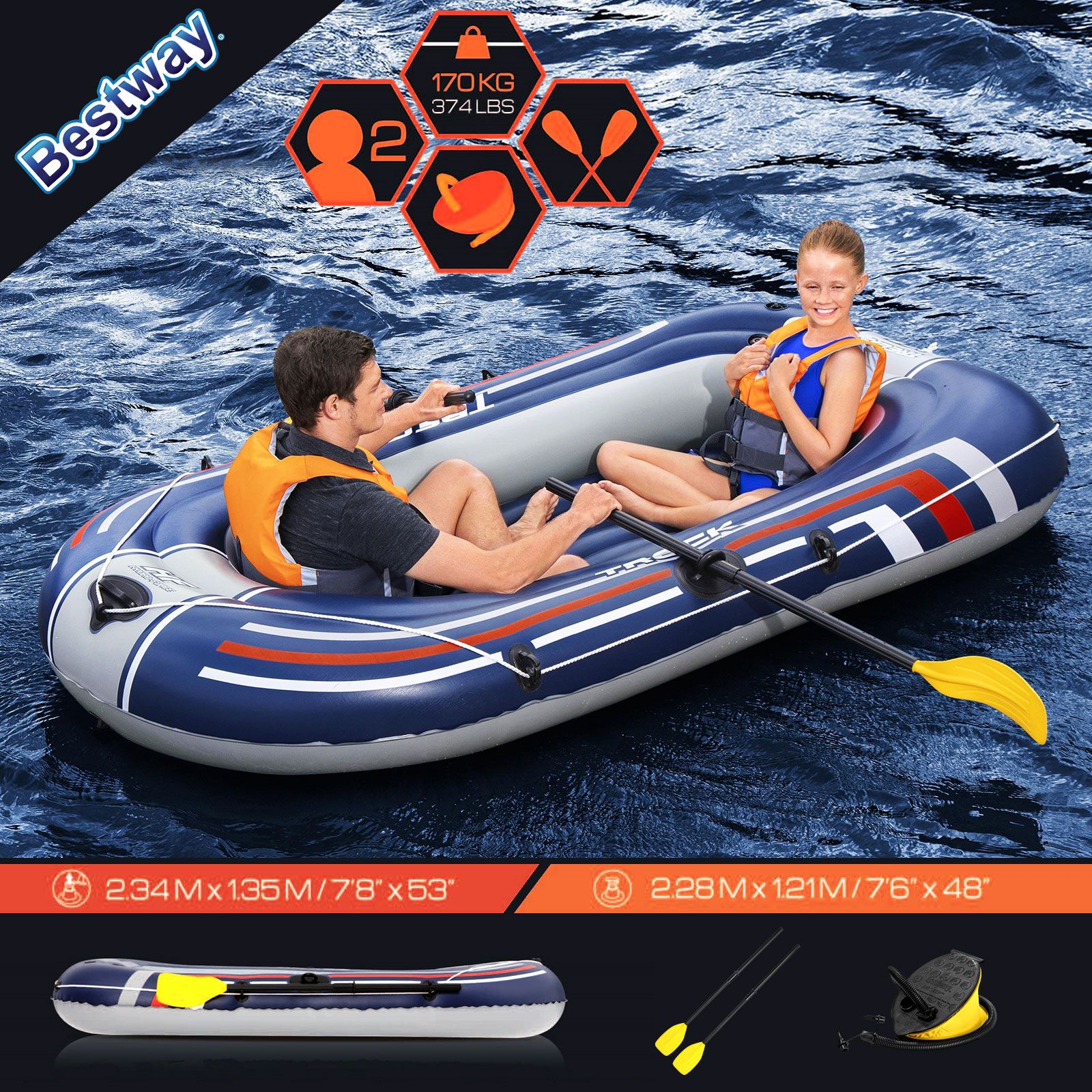 Bestway Inflatable Boat Set 2.28m X 1.21m Floating Raft Blow Up Canoe ...