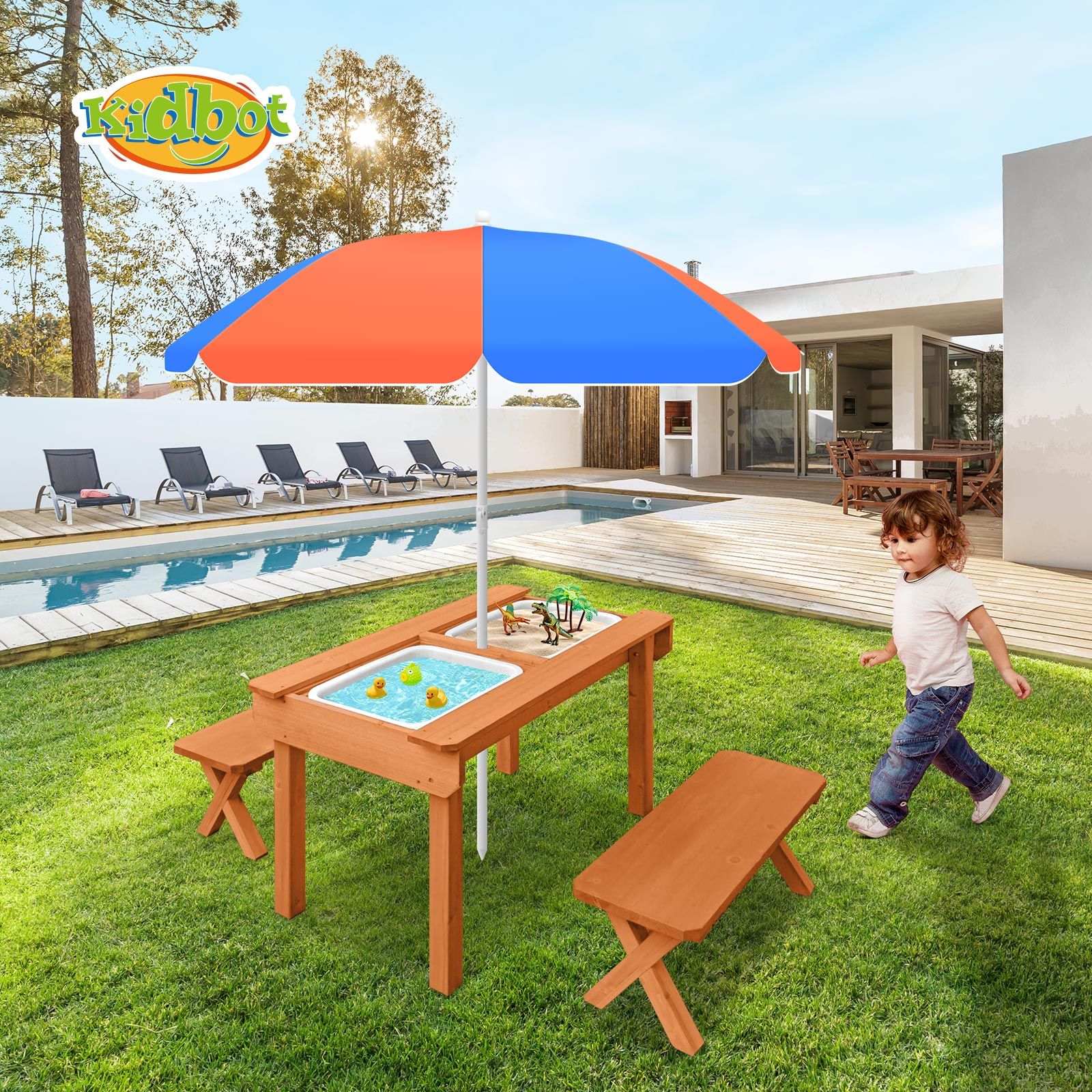 Kids Sand and Water Table Picnic Chairs Outdoor Wooden Bench Adjustable ...