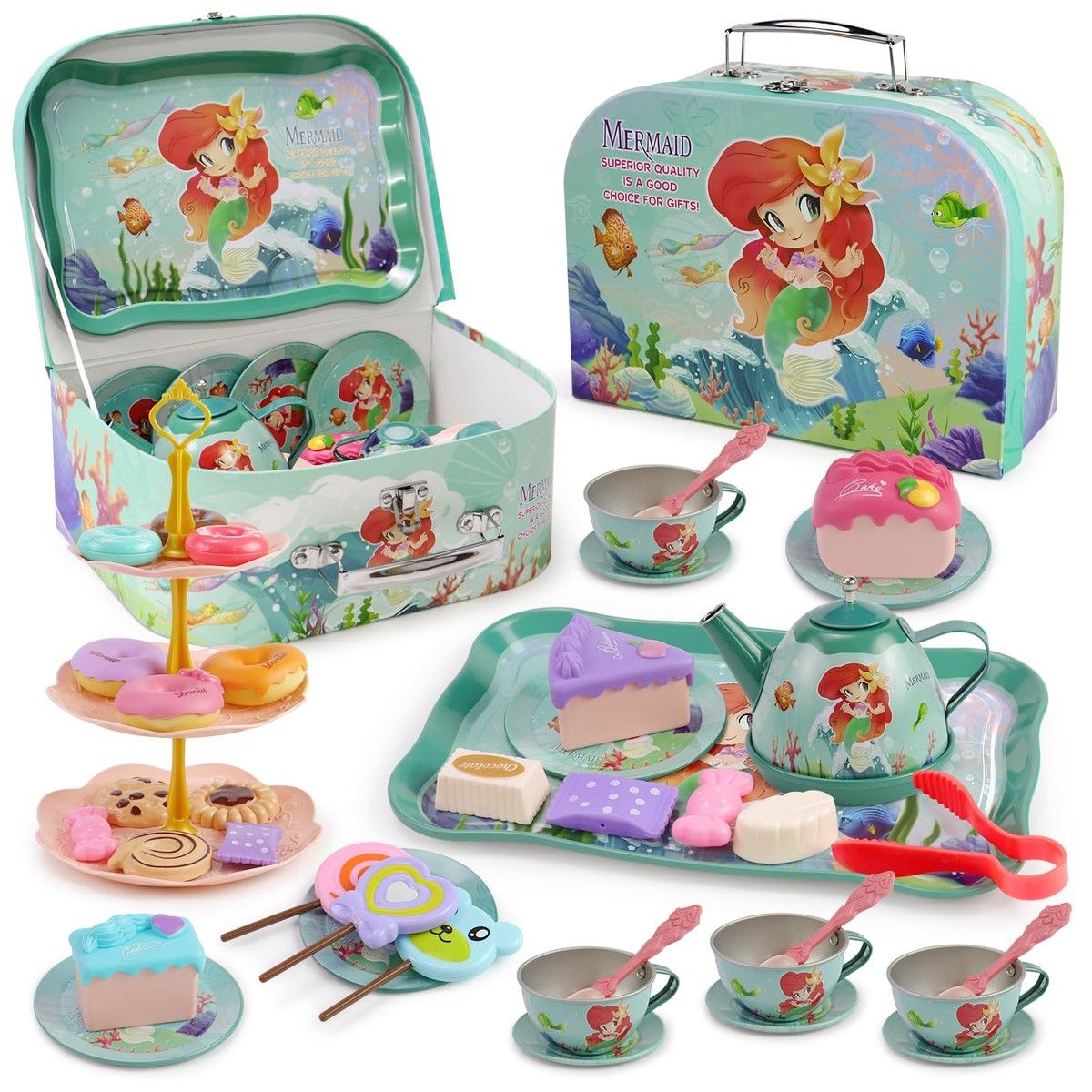 48 Pcs Mermaid Kids Tea Party Set with Carrying Case Sweet Treats ...