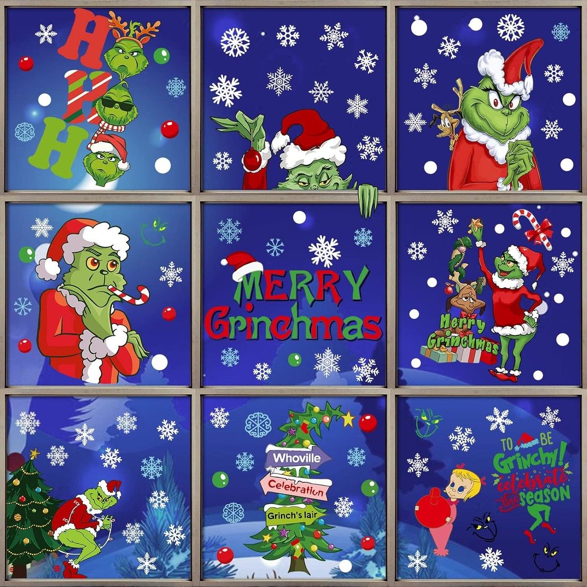9 Sheets Grinch Christmas Decorations Window Clings, 102pcs Christmas ...