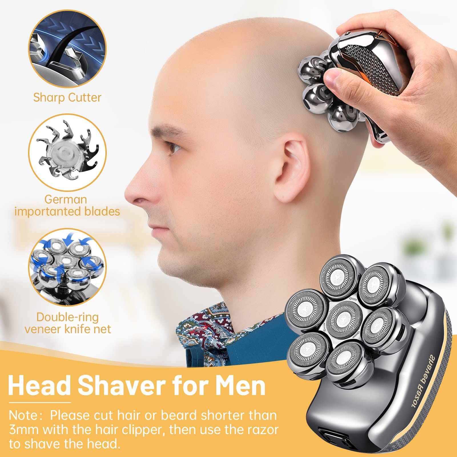 Electric Head Shavers 7D Men's Bald Head Shaver Wet Dry Scalp Shaving 6 ...