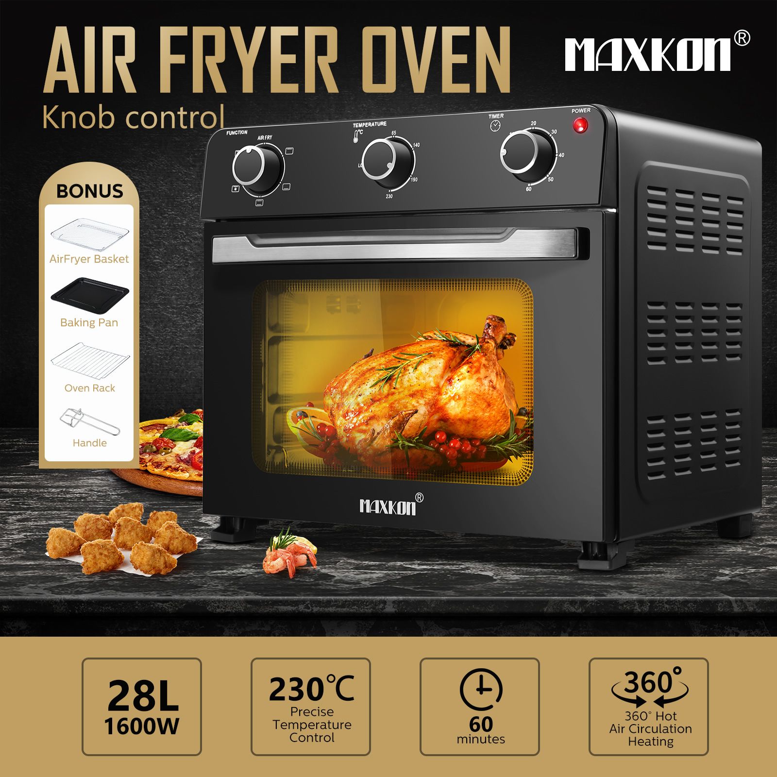 Maxkon Large Air Fryer Oven Big Air Cooker Toaster Electric Oil Free ...