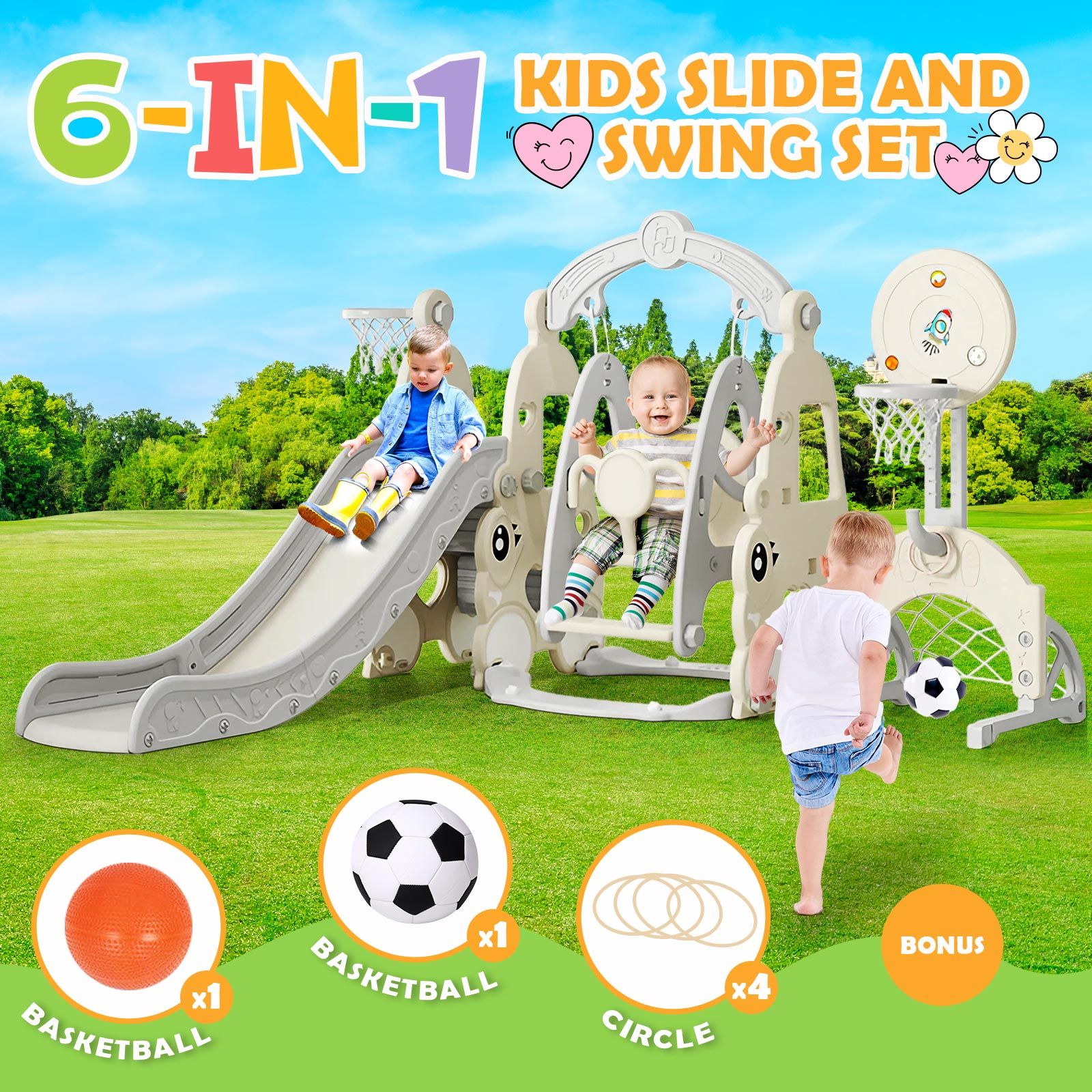 6 In 1 Slide Swing Set Freestanding Stairs Football Basketball Hoop ...