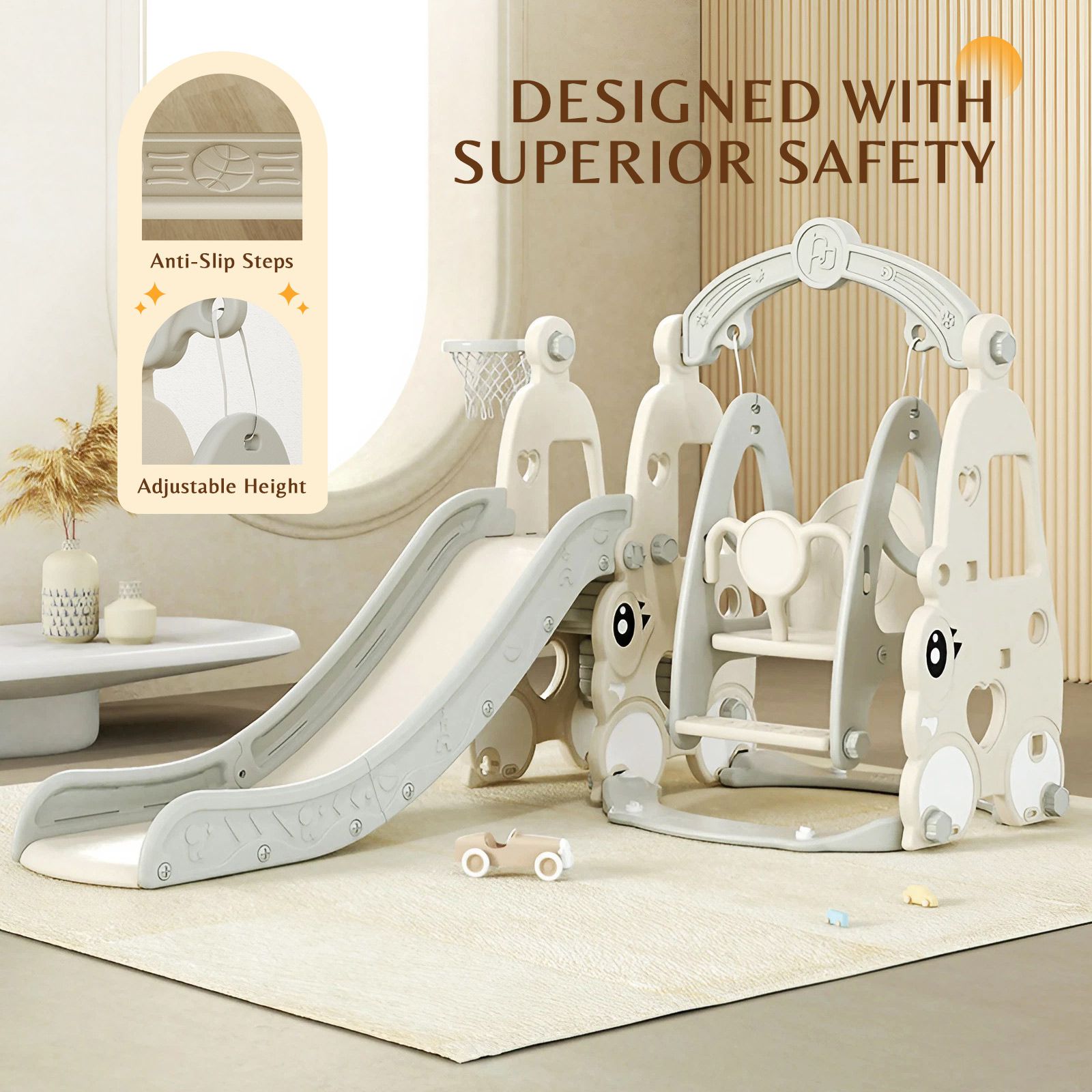 6 In 1 Slide Swing Set Freestanding Stairs Football Basketball Hoop ...