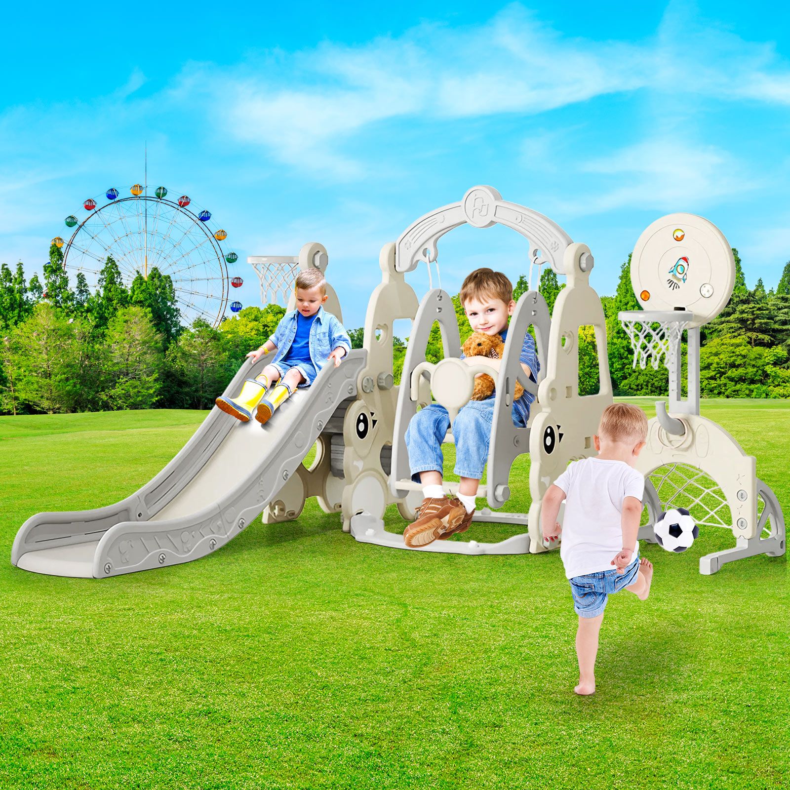 6 In 1 Slide Swing Set Freestanding Stairs Football Basketball Hoop ...