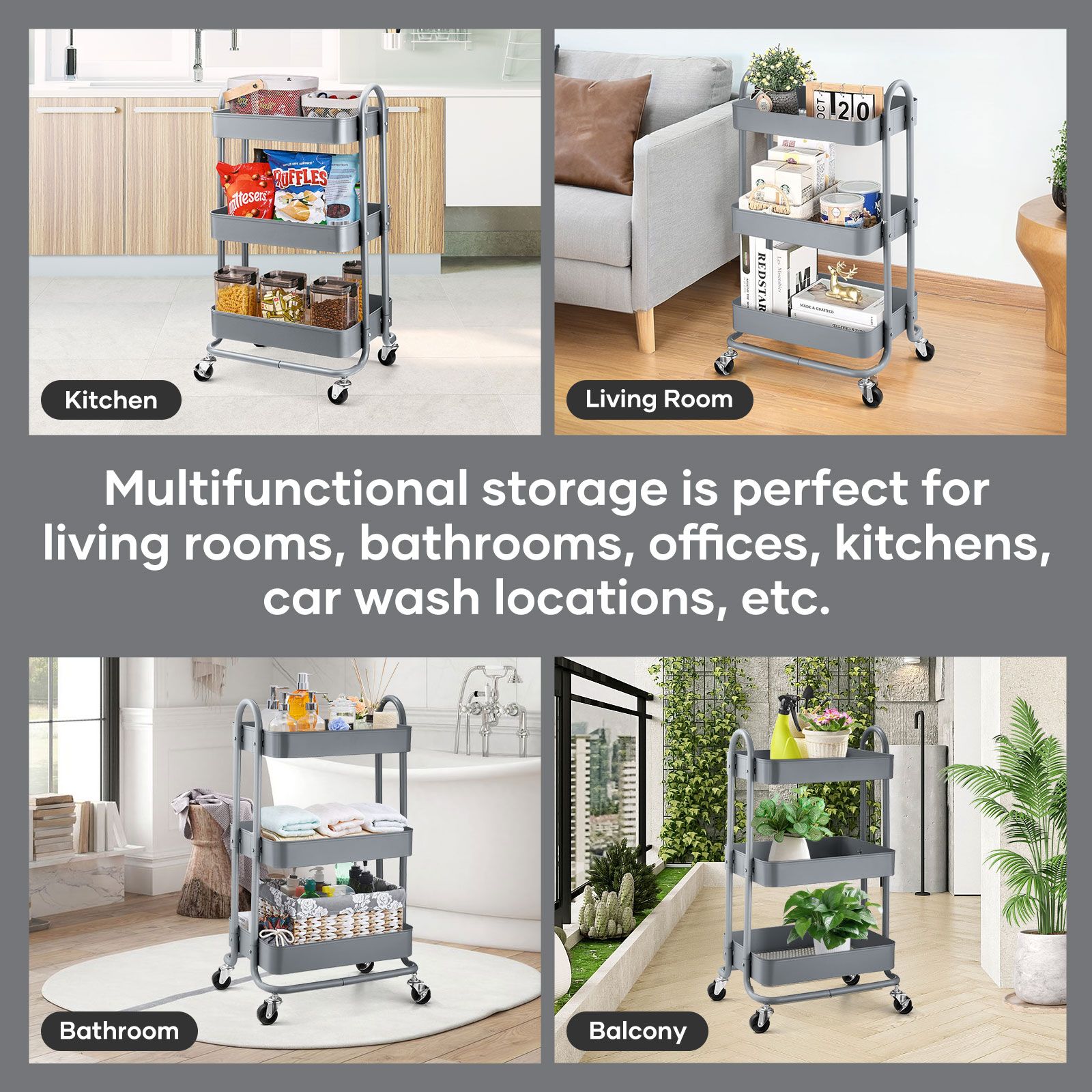 3 Tier Storage Cart Utility Tool Kitchen Rolling Trolley Metal Wheeled ...