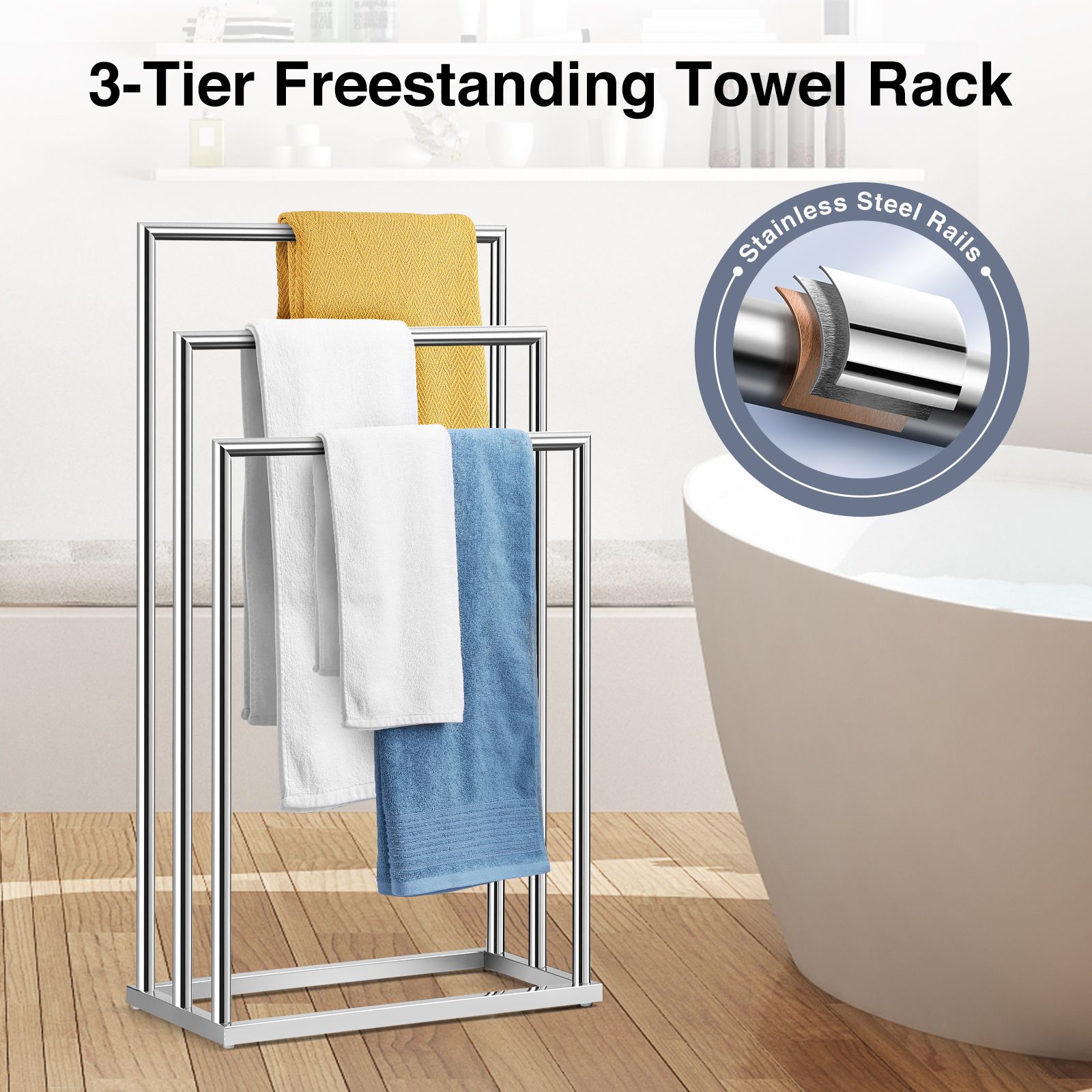 3 Tier Towel Rail Drying Rack Free Standing Stainless Steel Washcloth ...